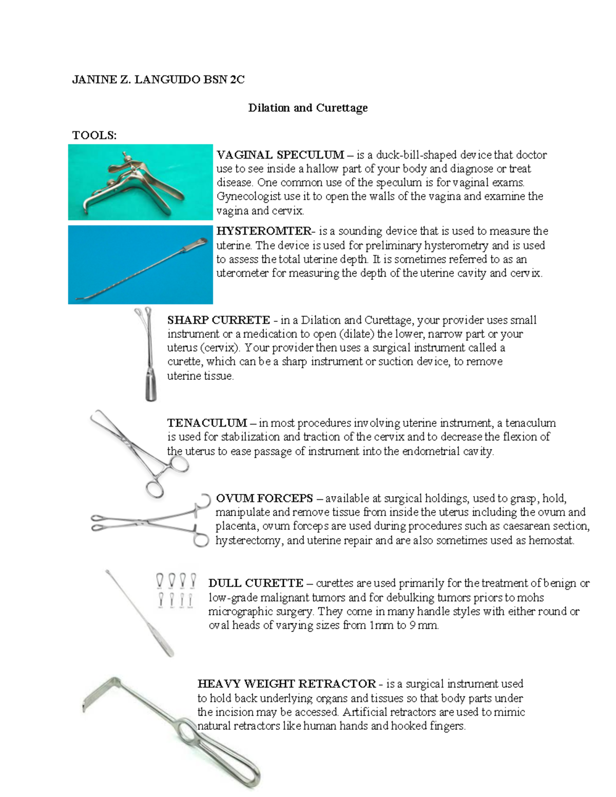 Dilation AND Curettage Tools - JANINE Z. LANGUIDO BSN 2C Dilation and ...