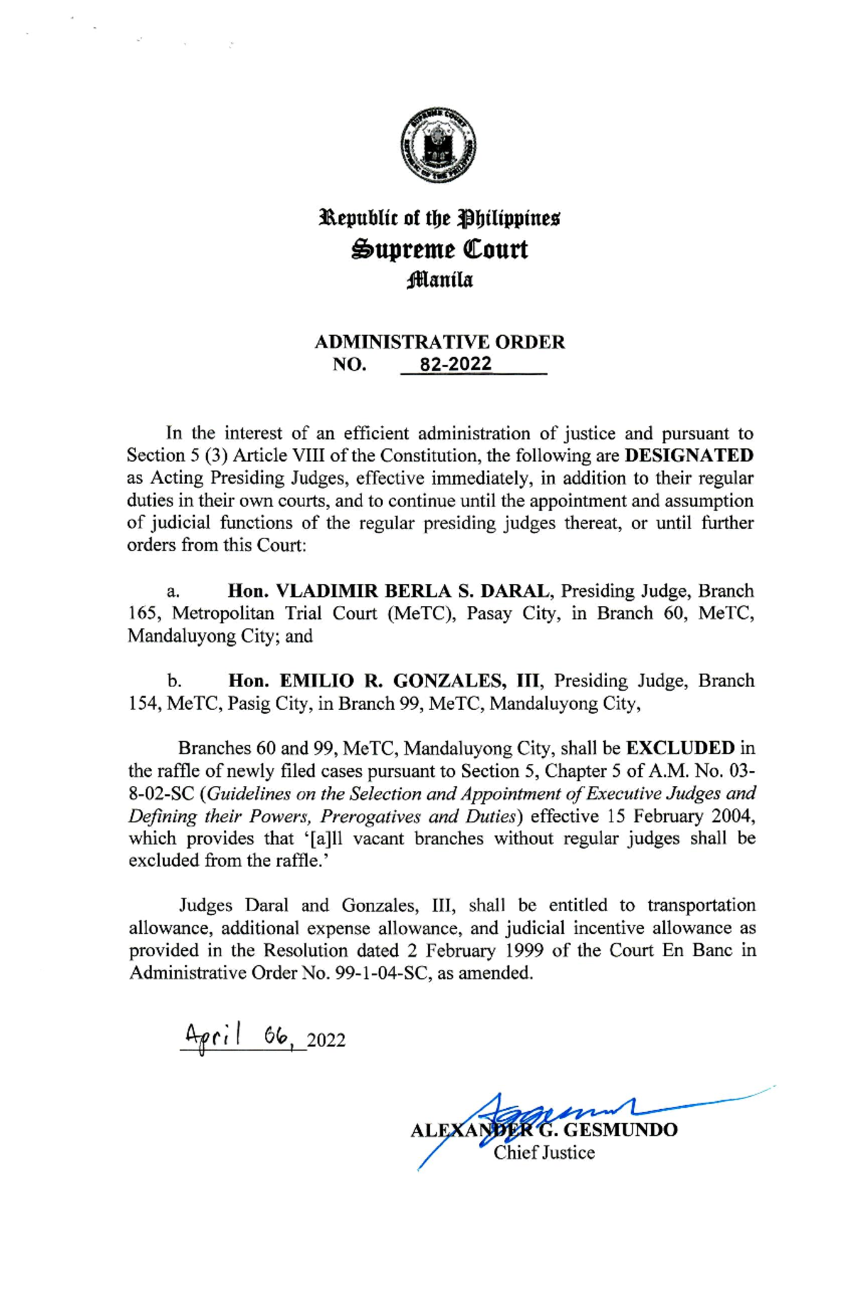 Administrative Order No. 82-2022: Designation of Acting Presiding ...