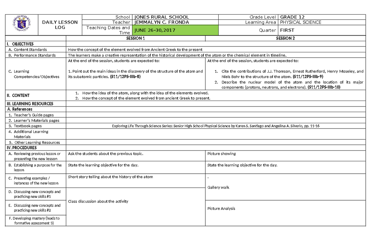 Lesson Log for Grade 12 Physical Science (DLL) - Summer 2017 - Studocu