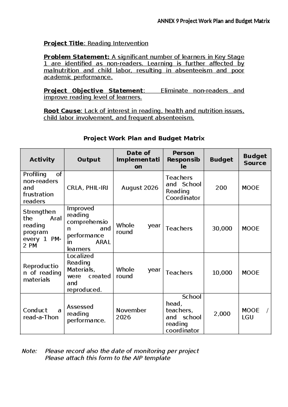 ANNEX 9: Project Work Plan & Budget Matrix for Reading Intervention ...