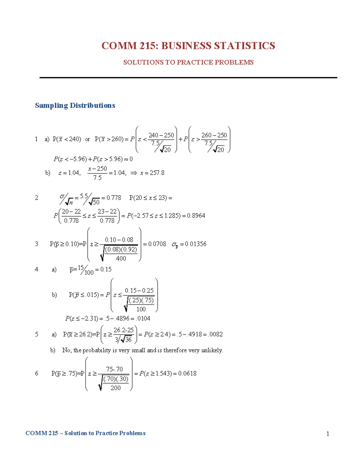 COMM 215 – Solutions to Sampling Distribution Practice Problems - Studocu
