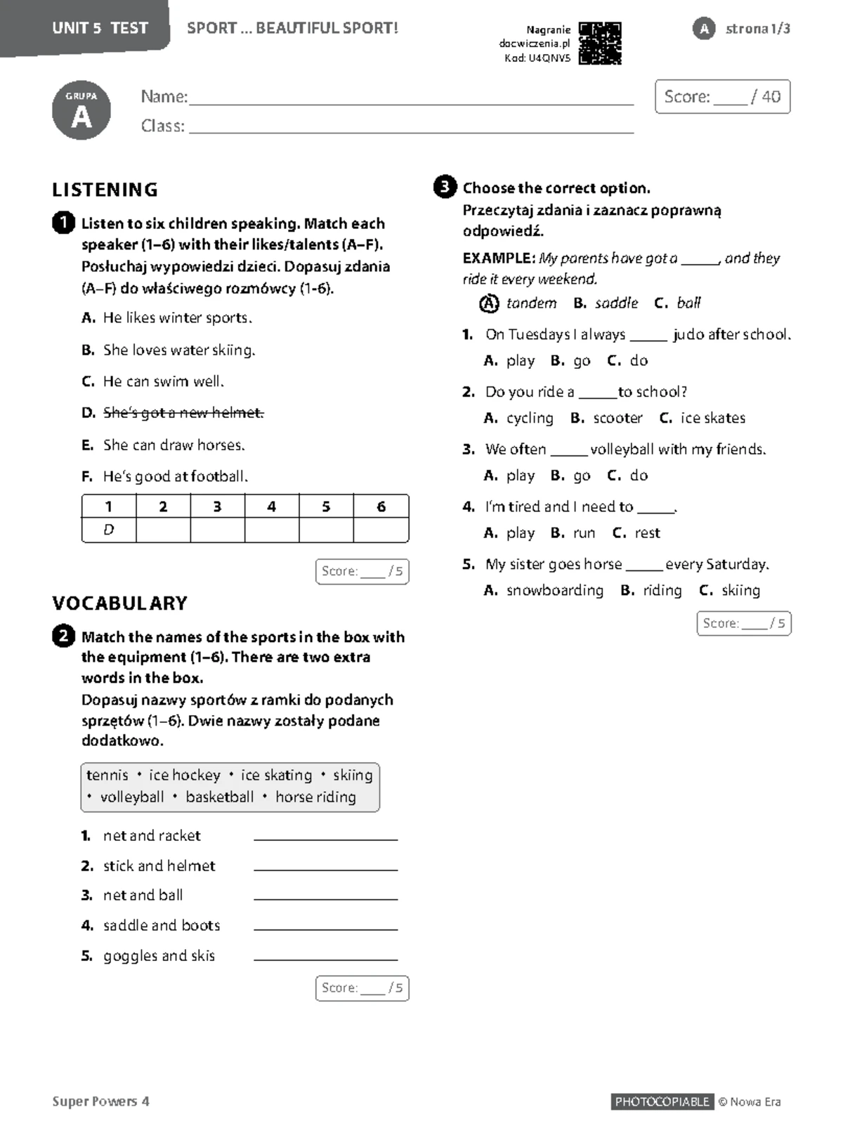Super powers 4 test a u5 - Testy - Super Powers 4 PHOTOCOPIABLE © Nowa ...