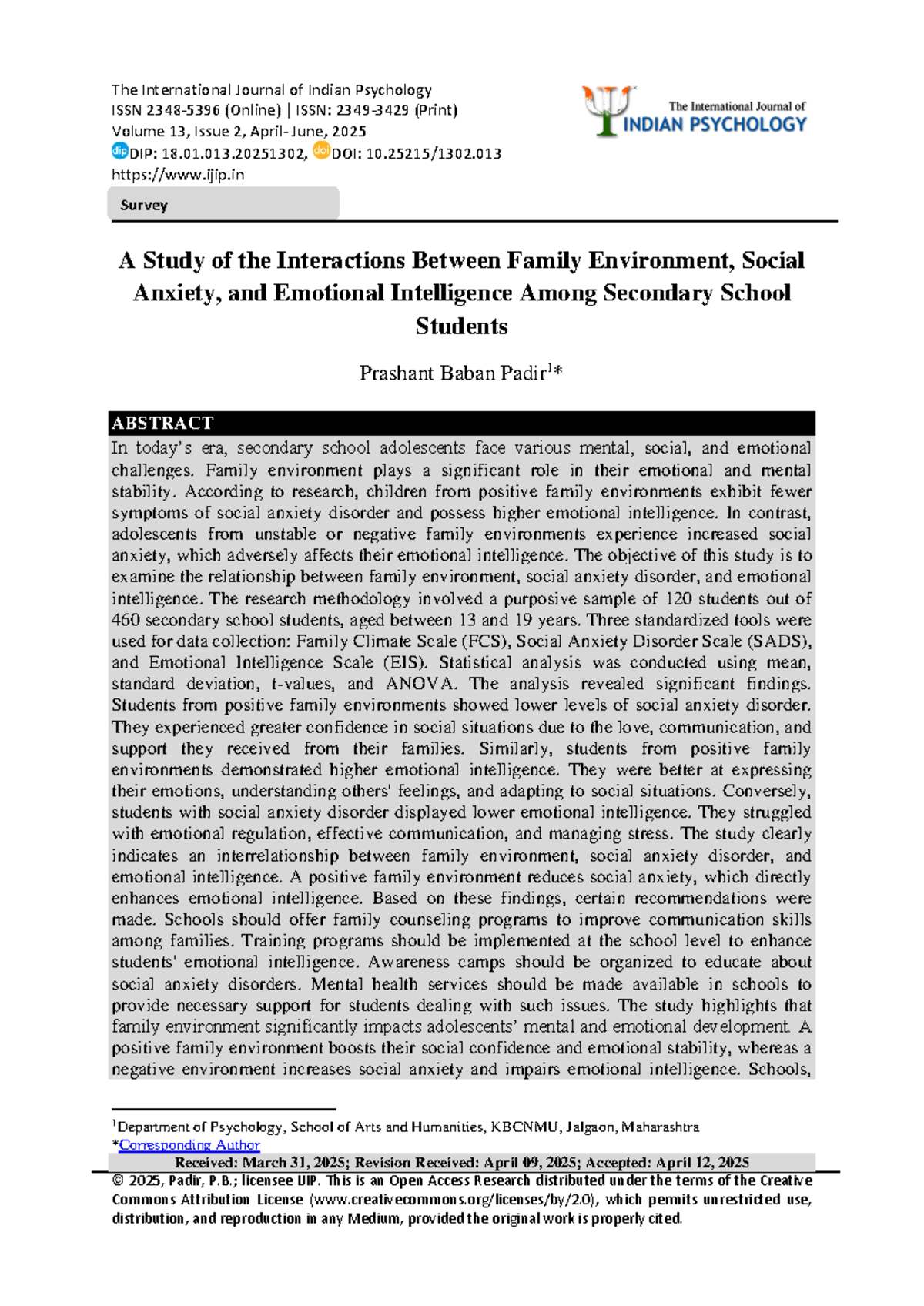 Interactions Between Family Environment, Social Anxiety, and Emotional ...