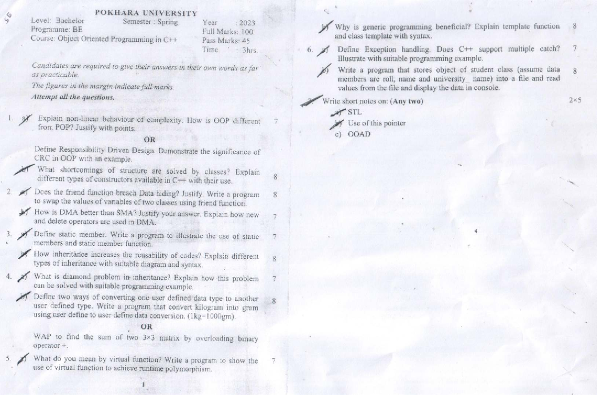 C++ OOP Past Questions - Pokhara University Spring 2023 Exam Prep - Studocu