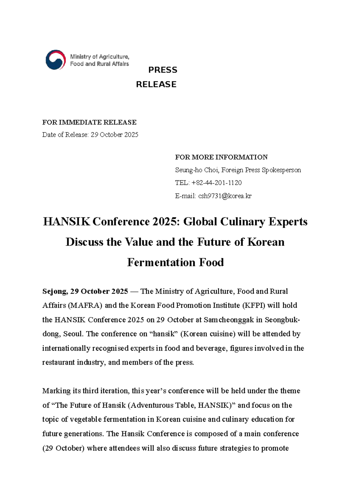 HANSIK Conference 2025: Global Experts on Korean Fermentation Food ...