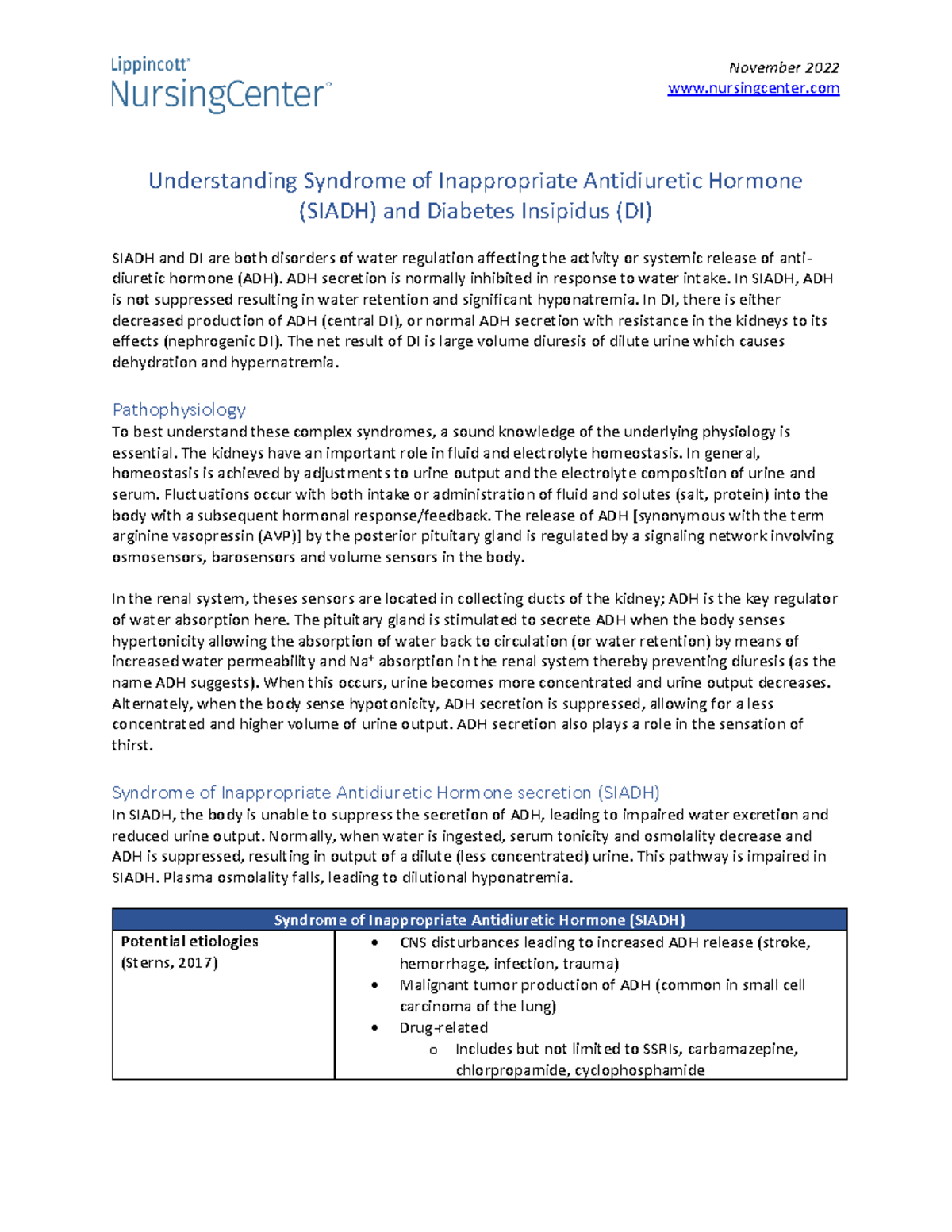 SIADH and DI Overview: Pocket Card Notes for Nursing Students - Studocu