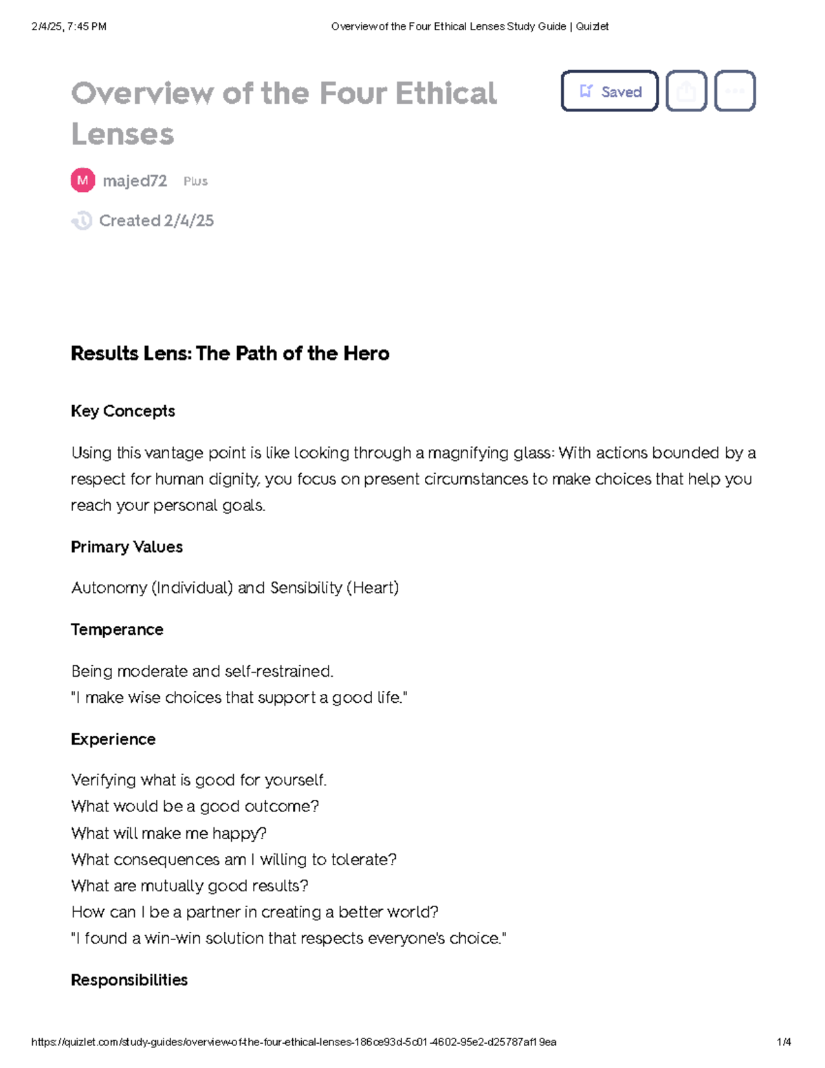 Overview of the Four Ethical Lenses Study Guide (ETHC101) - Studocu