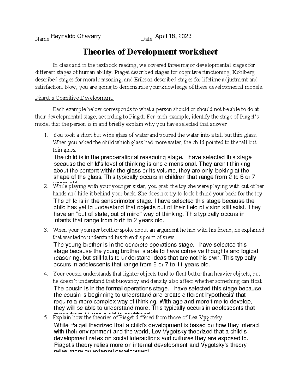 Developmental Theories Worksheet (Psych 101) - Studocu