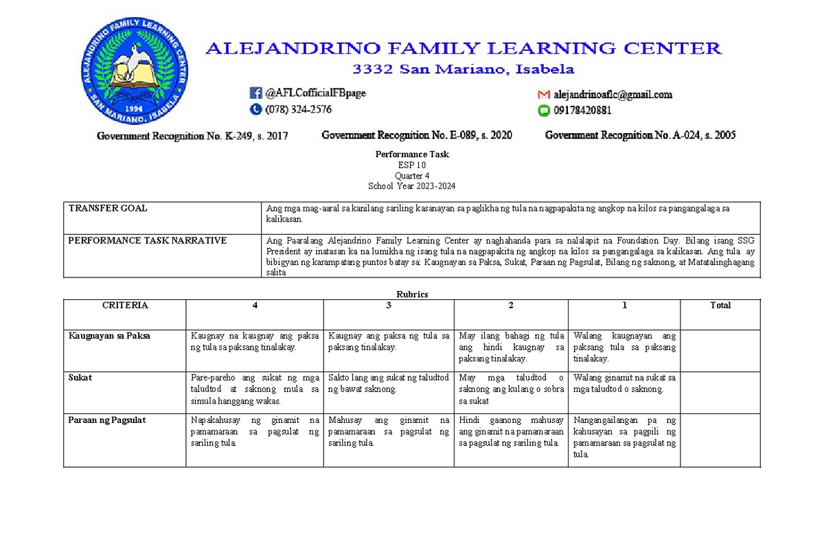 ESP 10 Performance Task Q4: Lumikha ng Tula para sa Kalikasan - Studocu