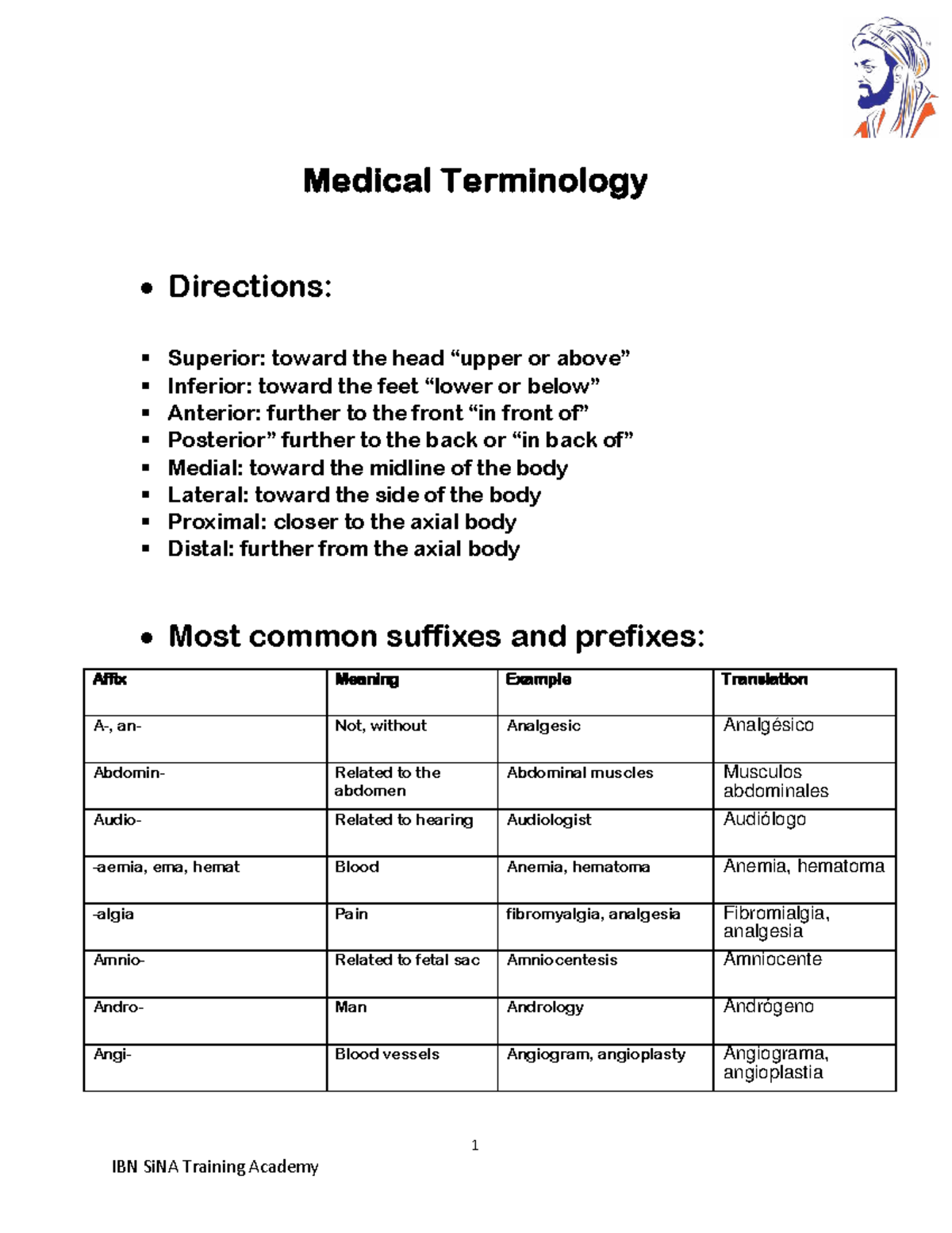 Medical Terminology Study Guide - IBN SiNA Training Academy - Studocu