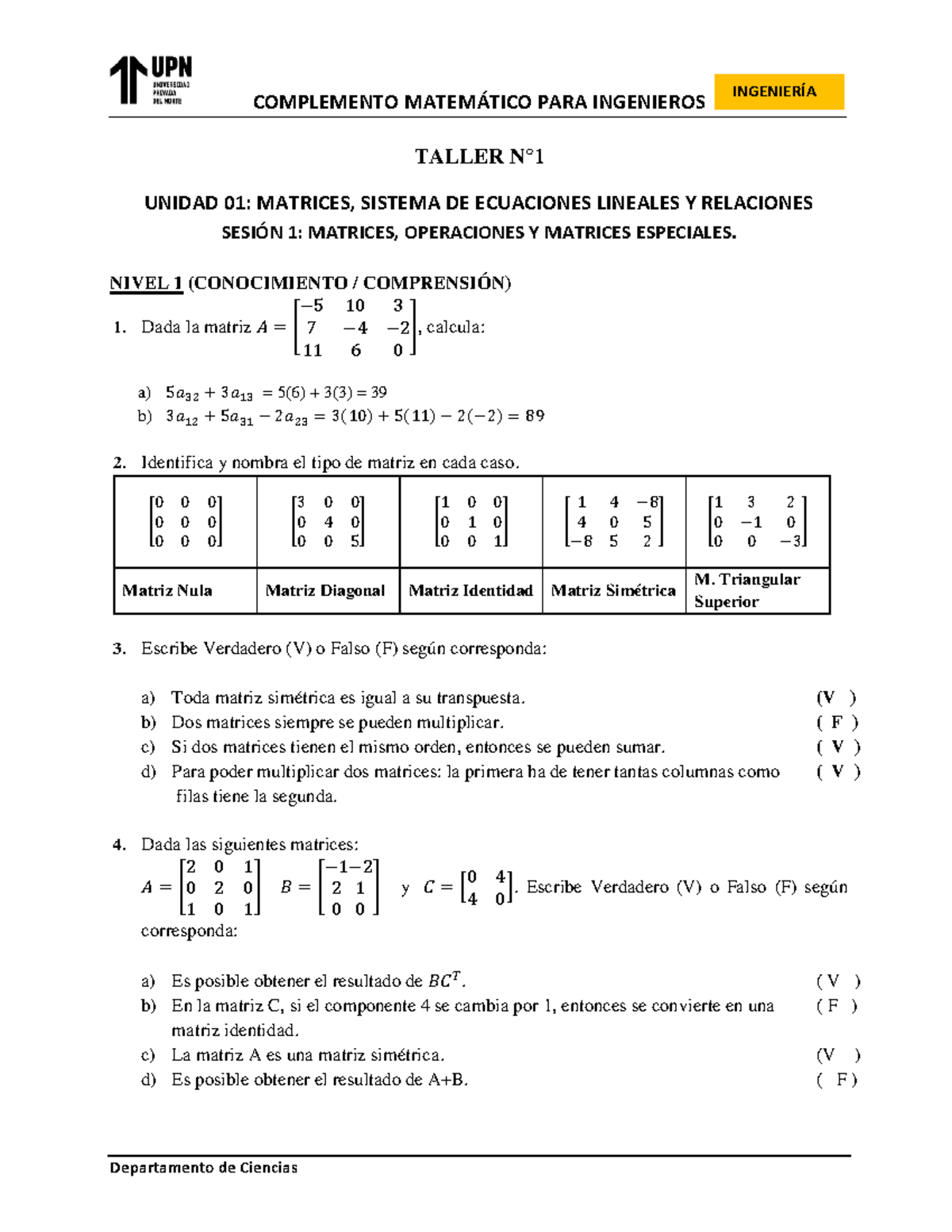 Semana 01 Solucionario Taller de Teoría de Matrices - COMPLEMENTO MATEMÁTICO PARA INGENIEROS ...