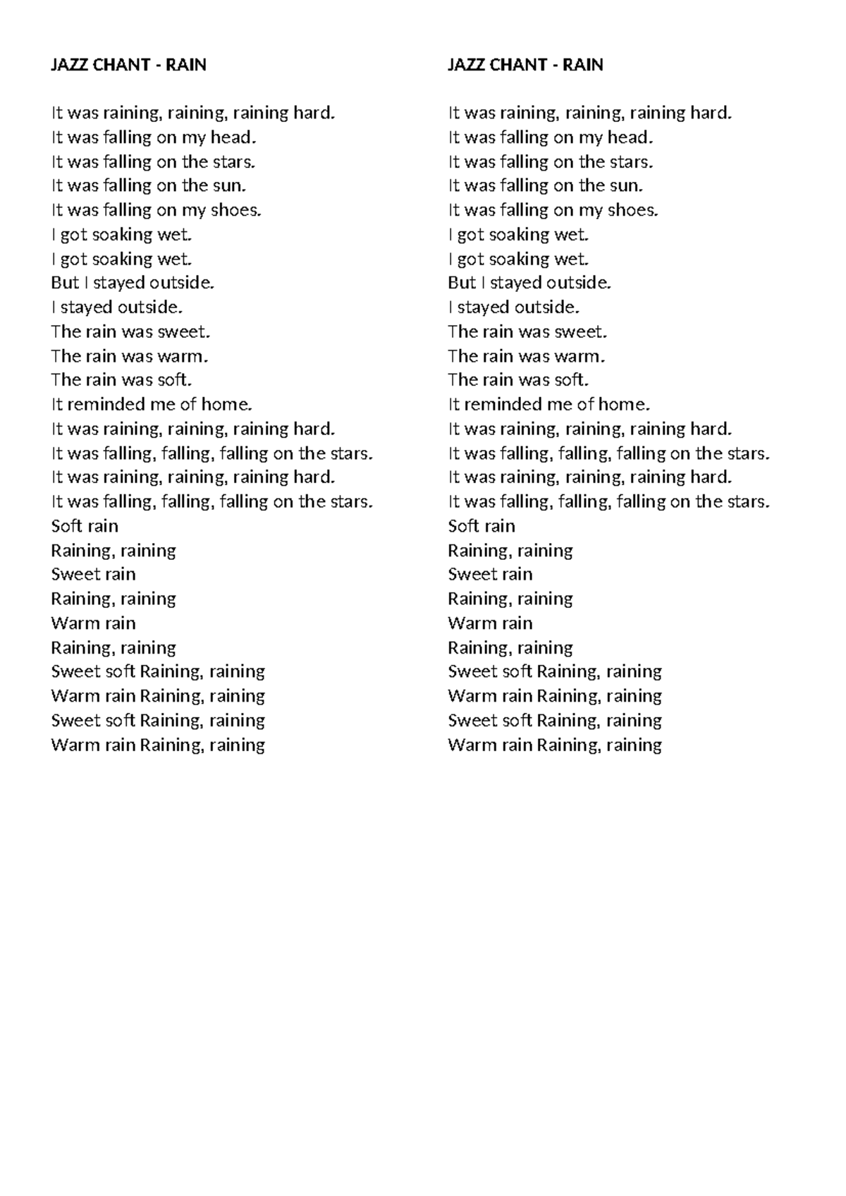 JAZZ Chant & Readers Theatre: Rain & The King of the Forest - Studocu