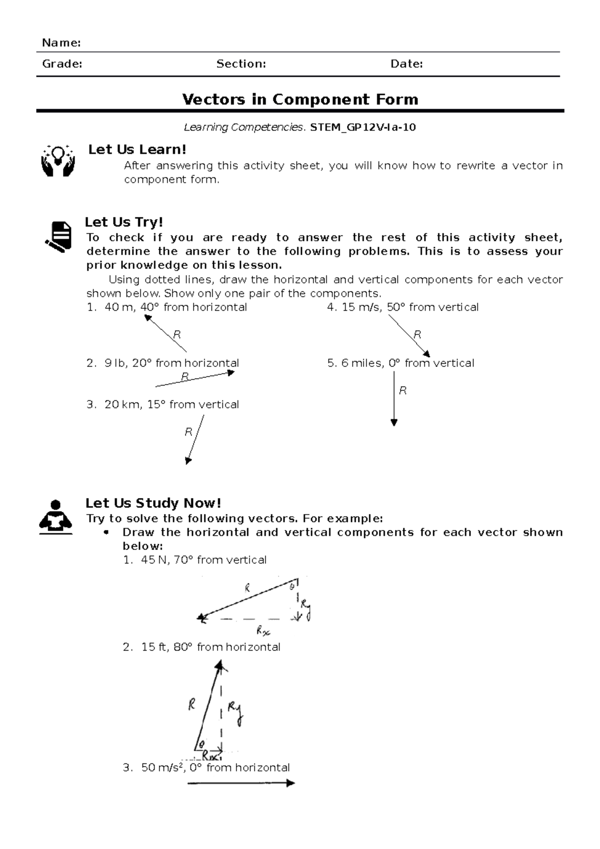 STEM_GP12V-Ia - Vectors in Component Form - Activity Sheets - Studocu