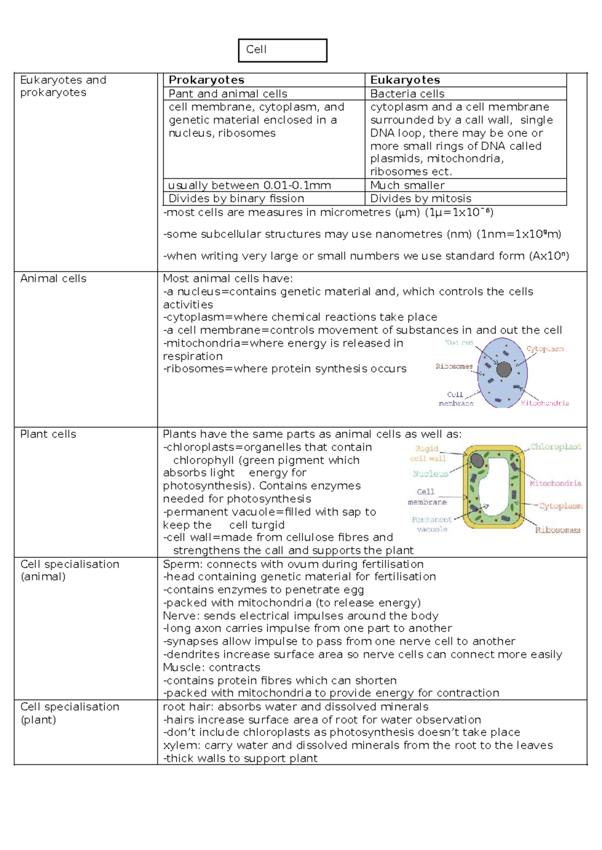 Cell Biology Notes for Combined Higher: Eukaryotes & Prokaryotes - Studocu
