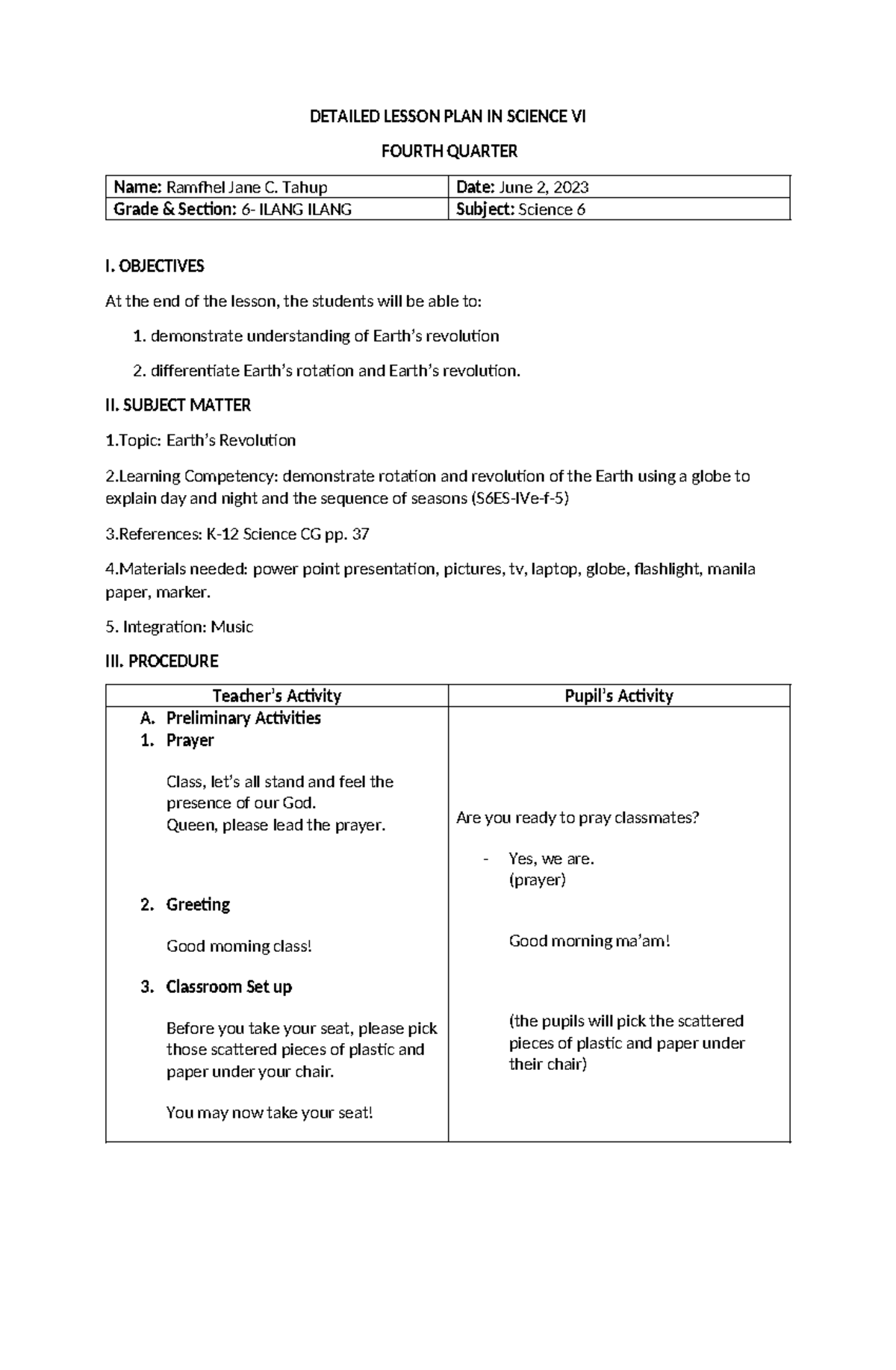 Detailed Lesson Plan in Science 6: Revolution and Rotation Concepts ...