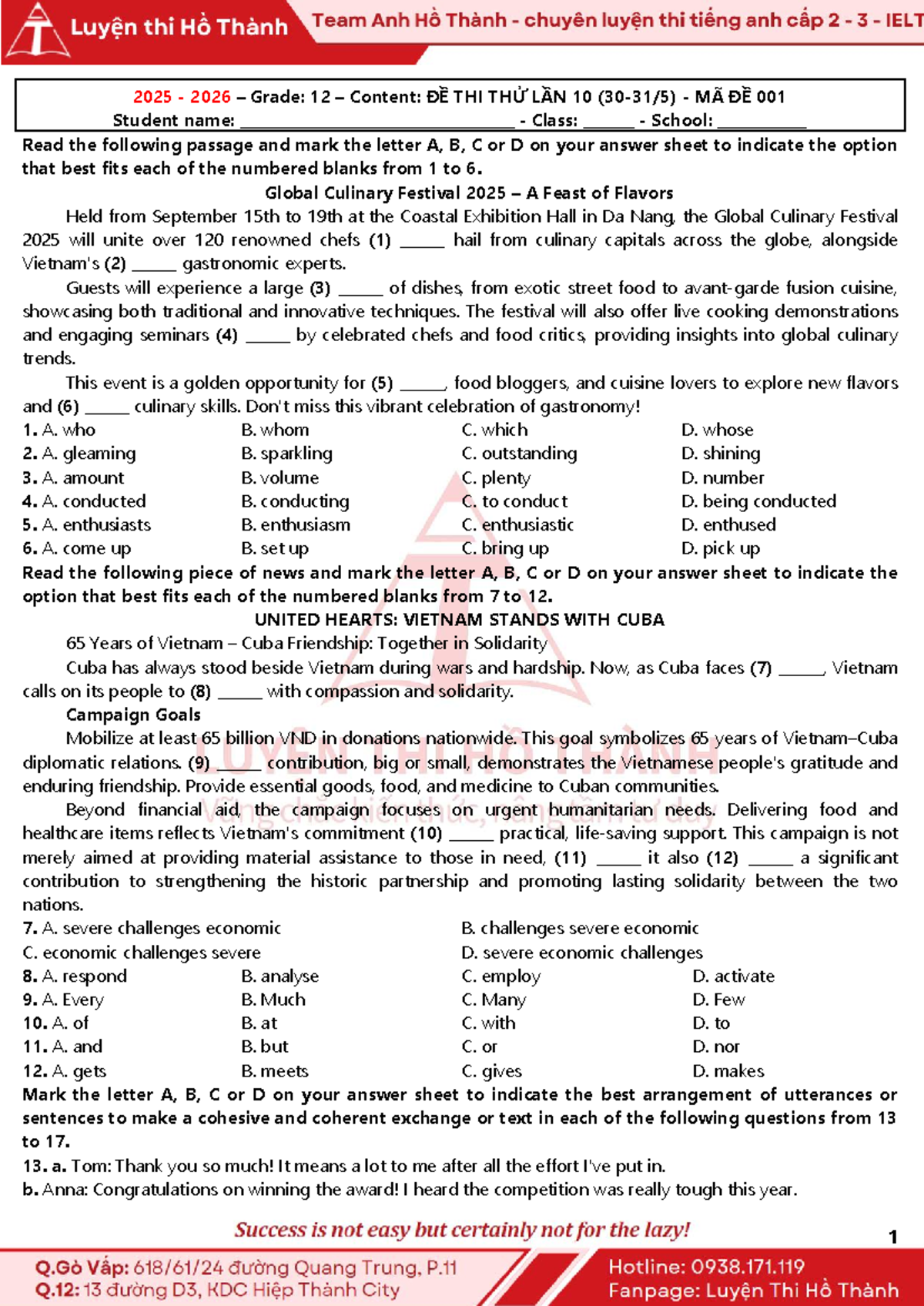ĐỀ THI THỬ LẦN 10 MÃ ĐỀ 001 - GRADE 12 2025-2026 - Studocu