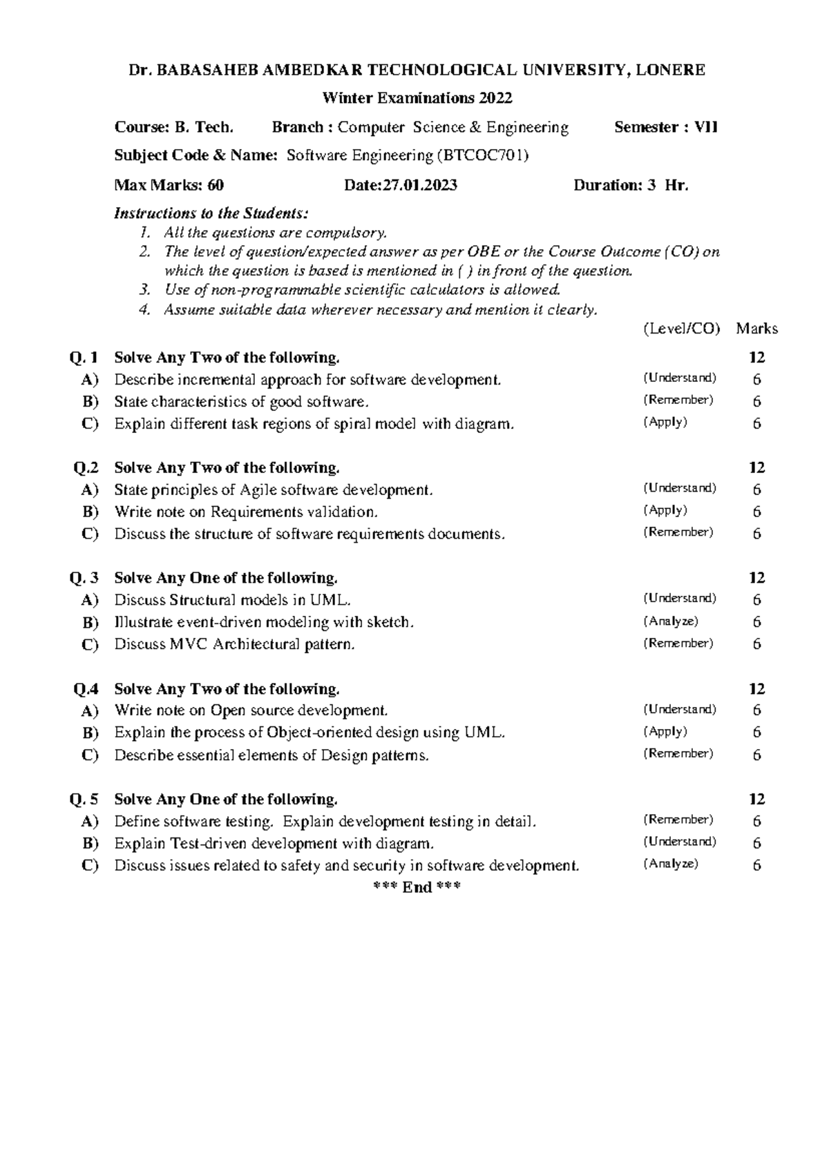 SE (BTCOC701) Winter 2022 Exam QP - Software Engineering Study Guide ...