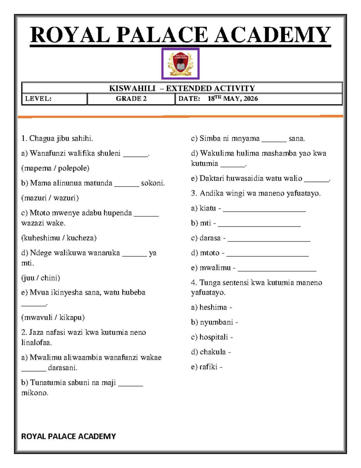 Royal Palace Academy Kiswahili Extended Activity - Grade 2 - Studocu