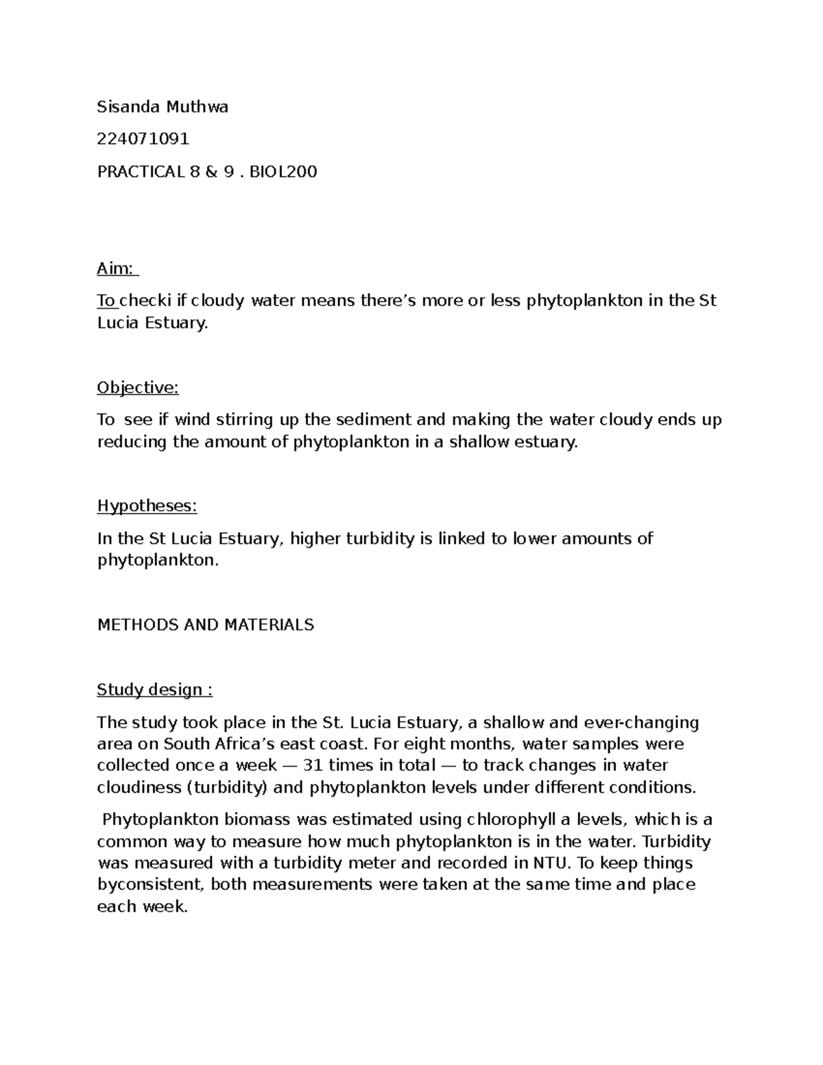 Practical 8 & 9: Turbidity and Phytoplankton in St Lucia Estuary - BIOL200 - Studocu