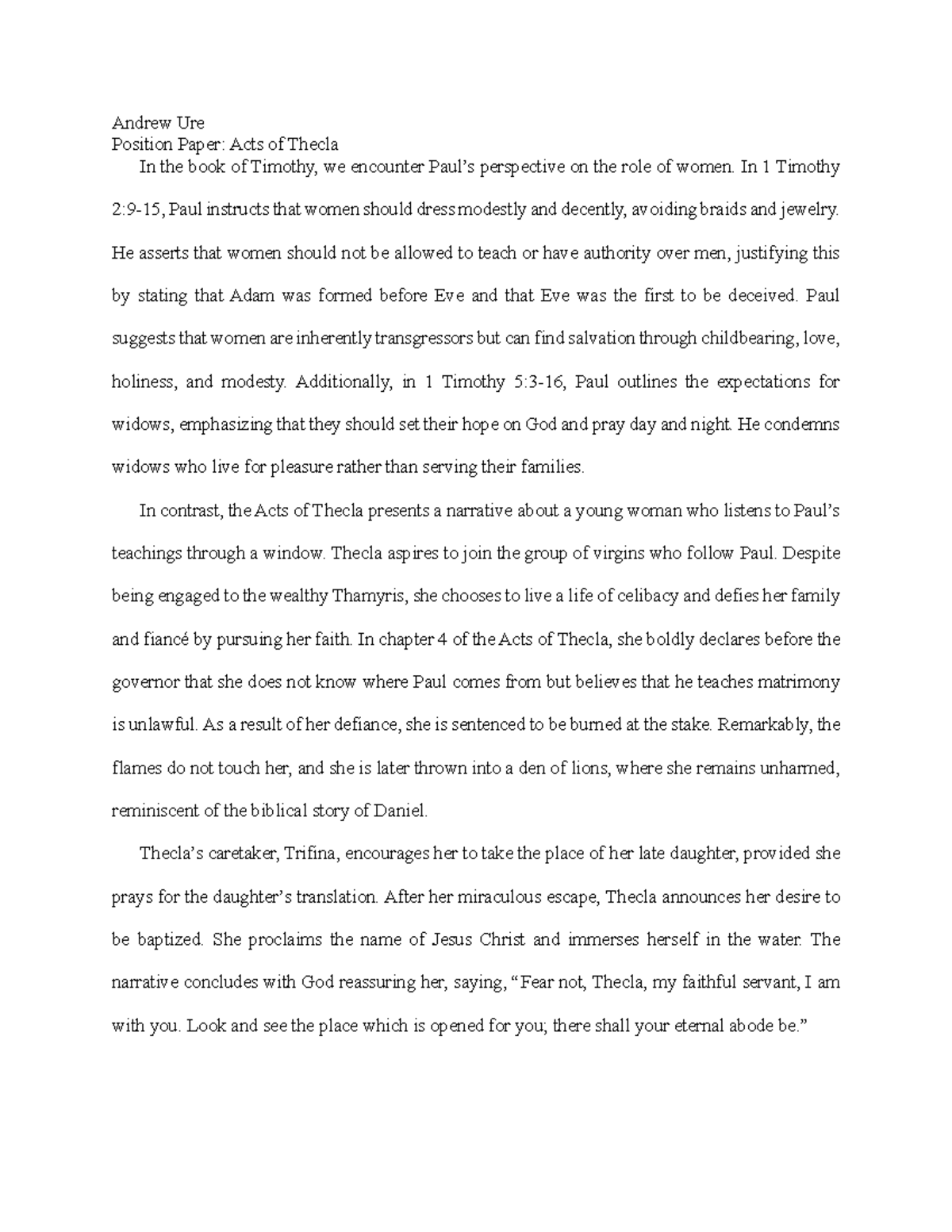 Andrew Ure Position Paper: The Role of Women in Acts of Thecla - Studocu