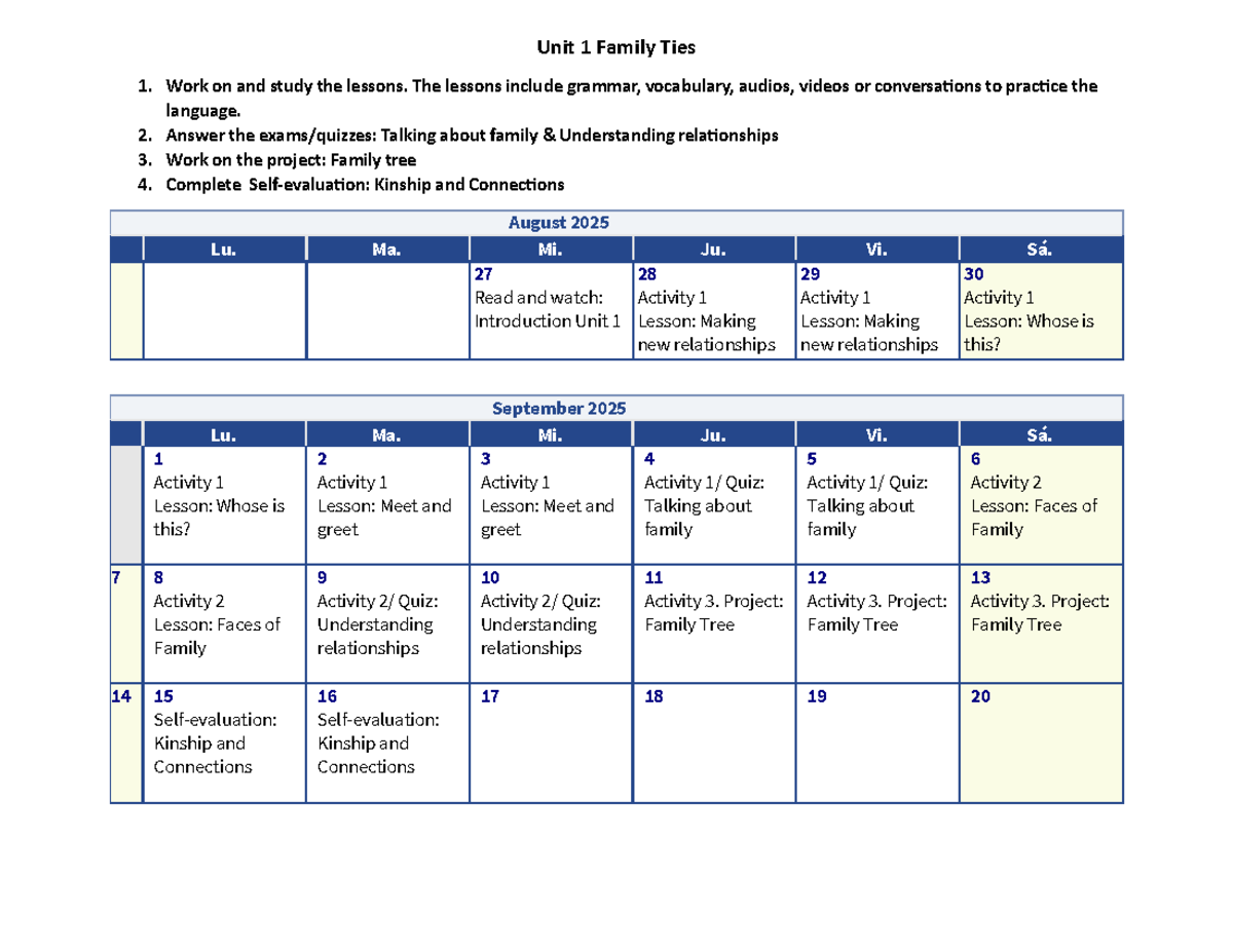 Unit 1 Family Ties: Calendar of Lessons and Activities - Studocu