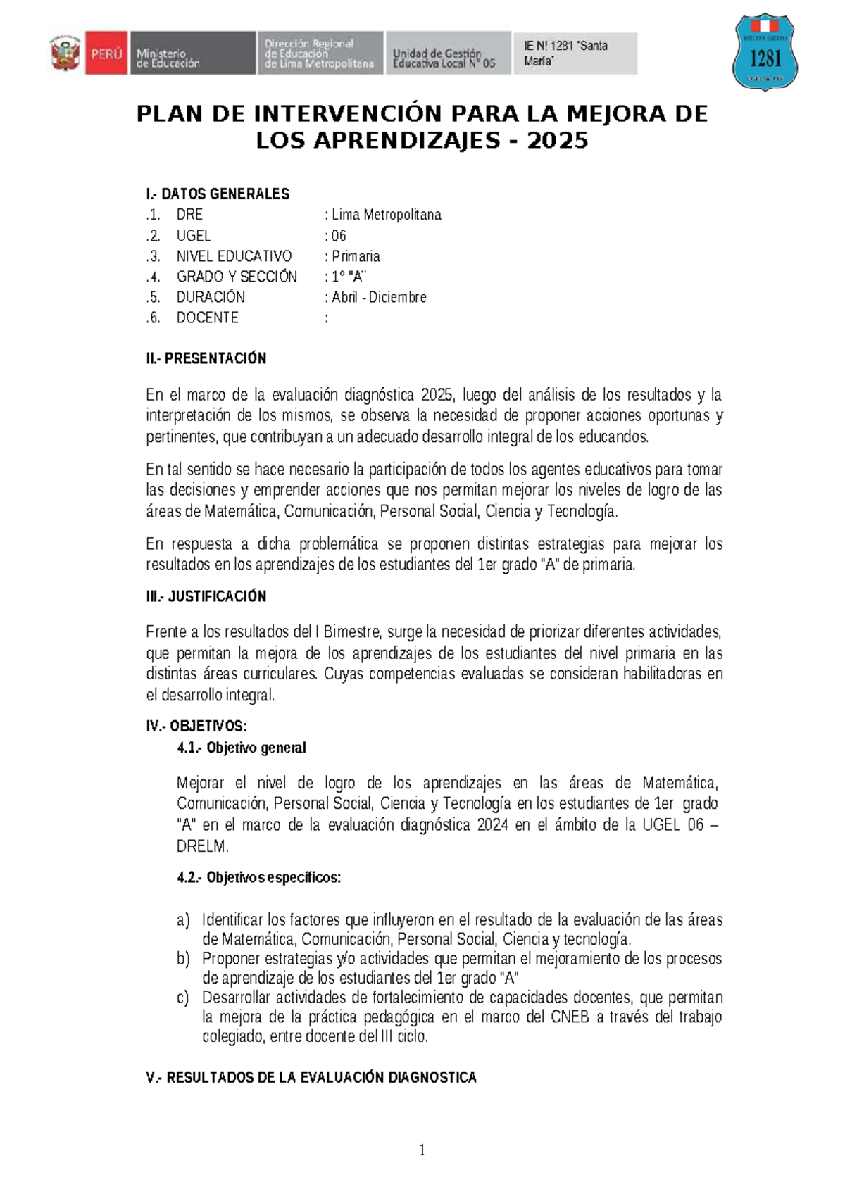 PLAN DE MEJORA DE APRENDIZAJES 2025 - 1ER GRADO PRIMARIA - Studocu