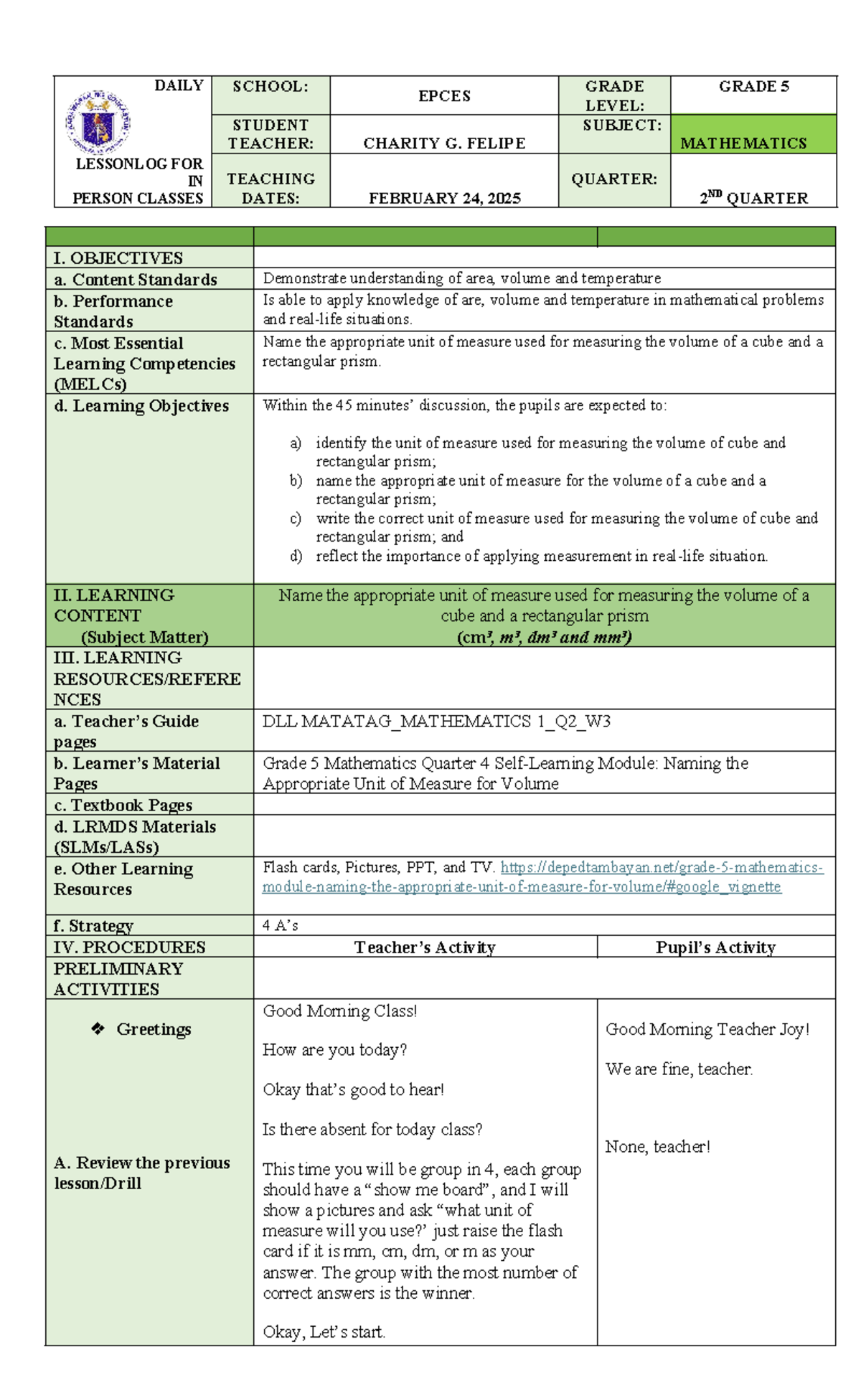 LP-MATH- Grade 5 Lesson on Naming Measurement Units for Volume - Studocu