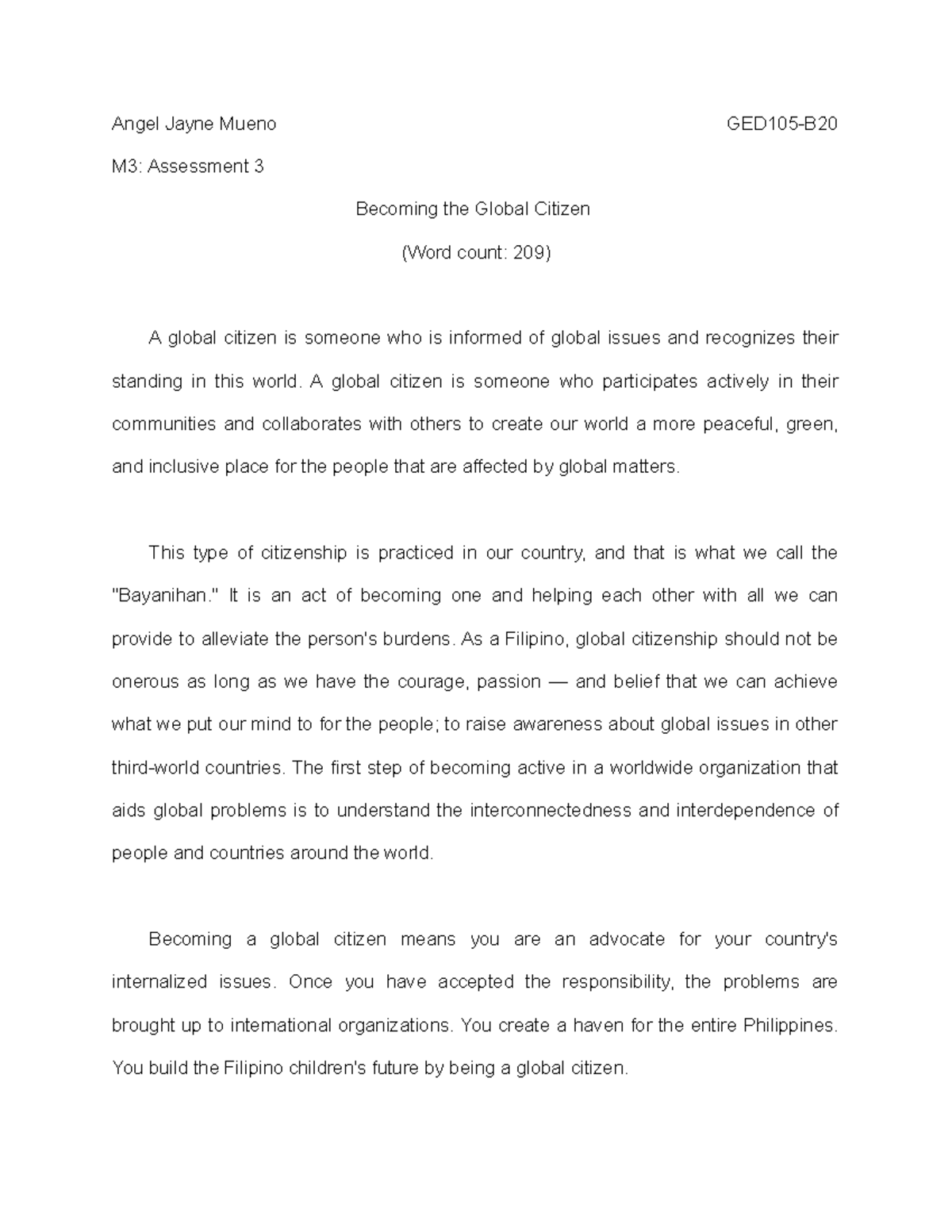 A3 M3 GED105 - Assignment 3: Becoming a Global Citizen Analysis - Studocu