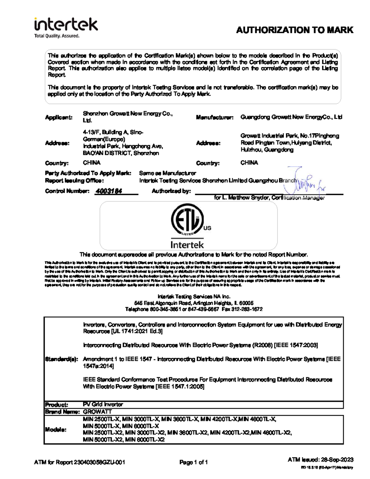 Intertek Authorization to Mark for GROWATT MIN 2500-6000TL-X2 - Studocu