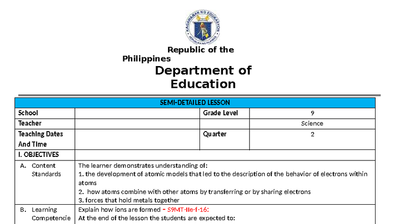 Grade 9 Science Lesson Plan: Formation of Ions & Ionic Bonds - Studocu