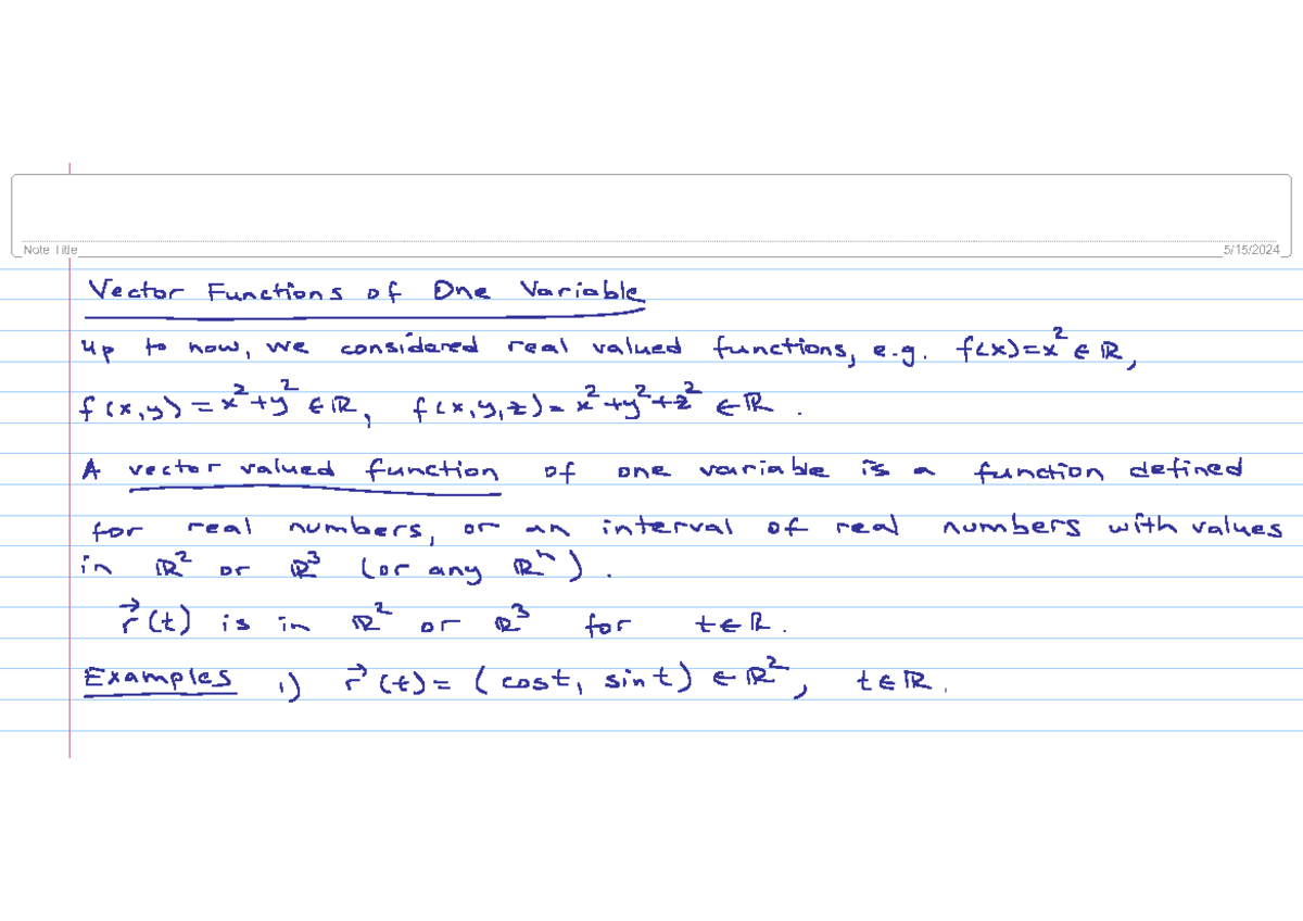 Vector Functions of One Variable - May15 Notes for Math Course - Studocu