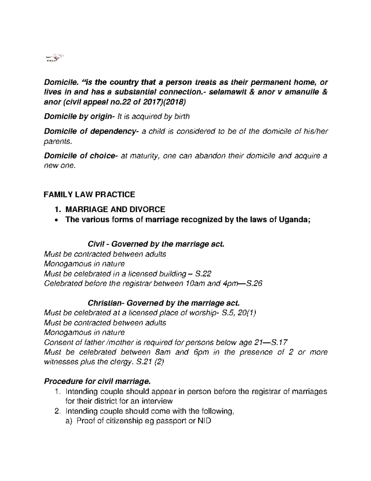 Family Law Notes and Domicile Principles (LAW 5) - Studocu
