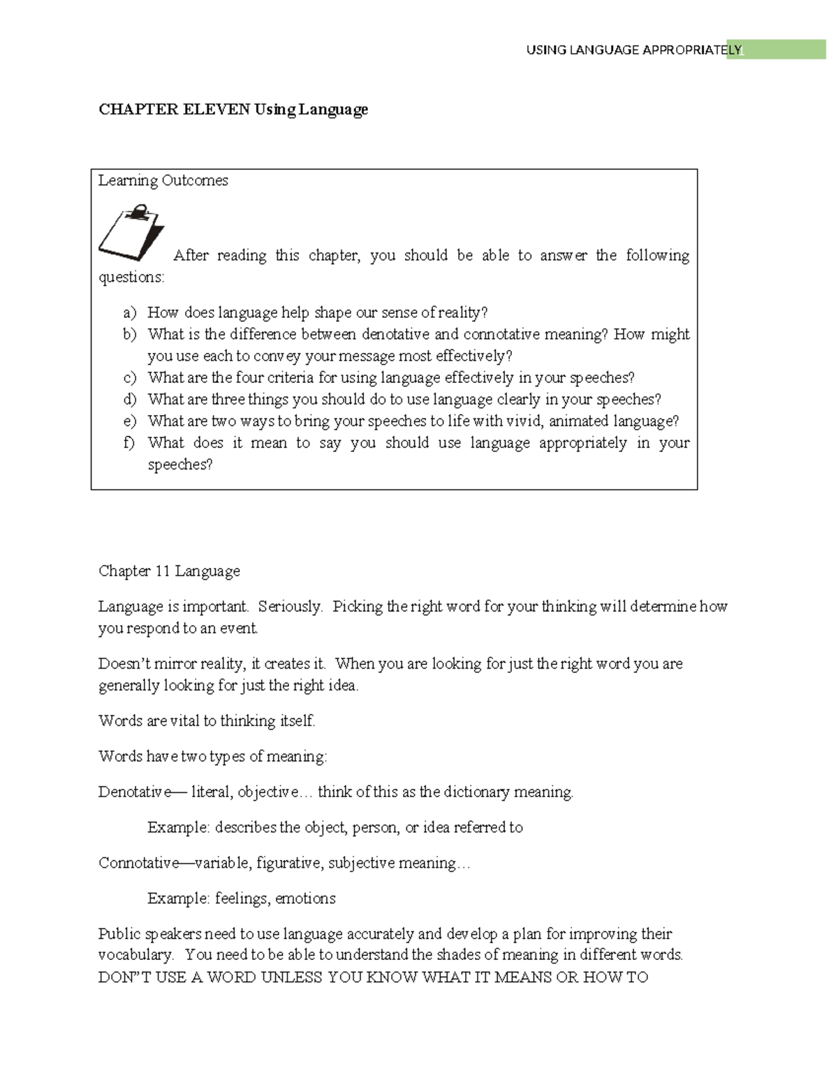 Using Language Appropriately: Chapter 11 Insights and Outcomes - Studocu