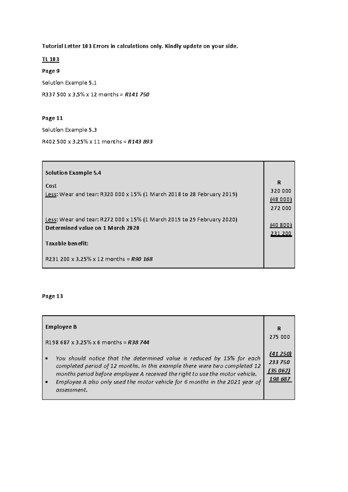 Tutorial Letter 103: Addressing Calculation Errors and Examples - Studocu