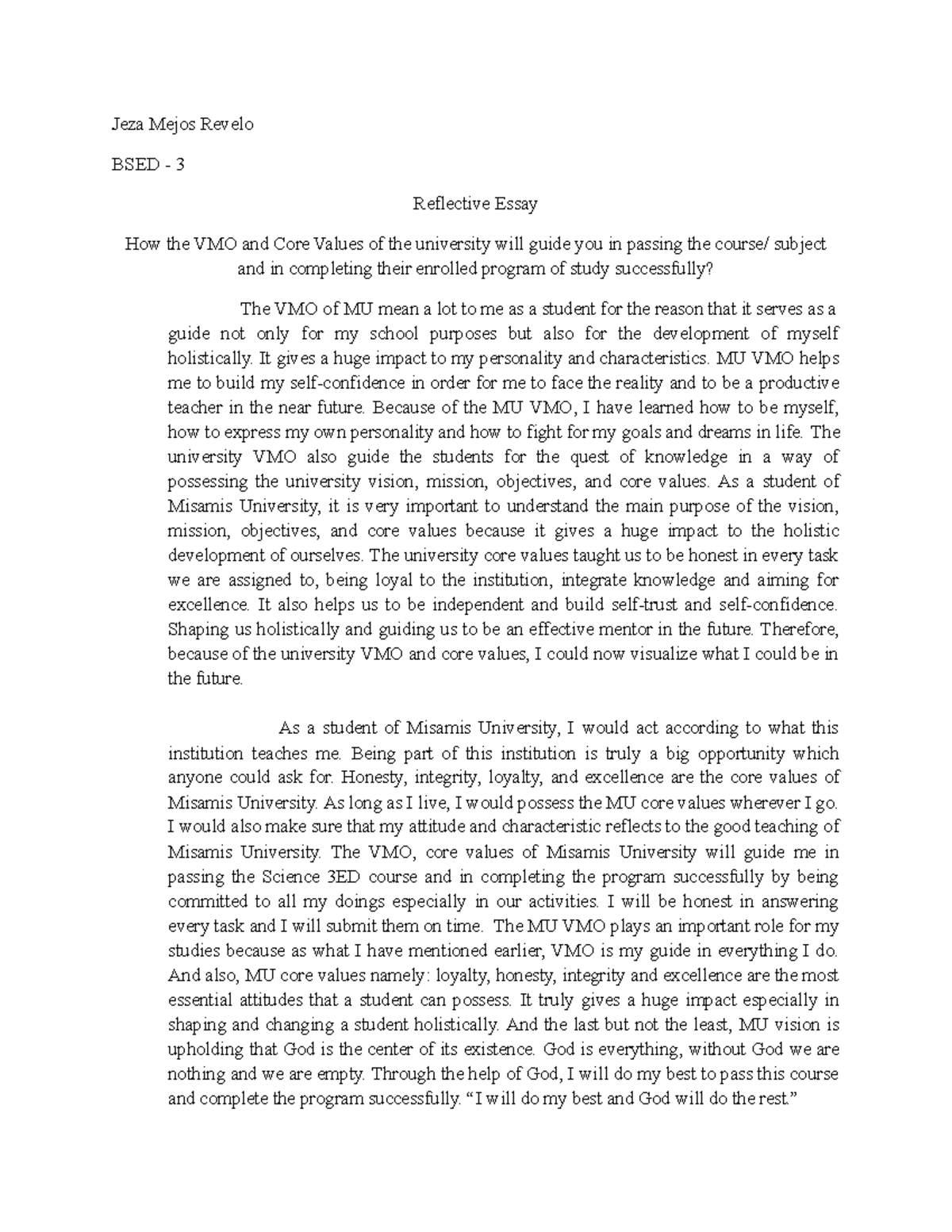 Reflective Essay on MU VMO & Core Values for BSED - 3 Success - Studocu