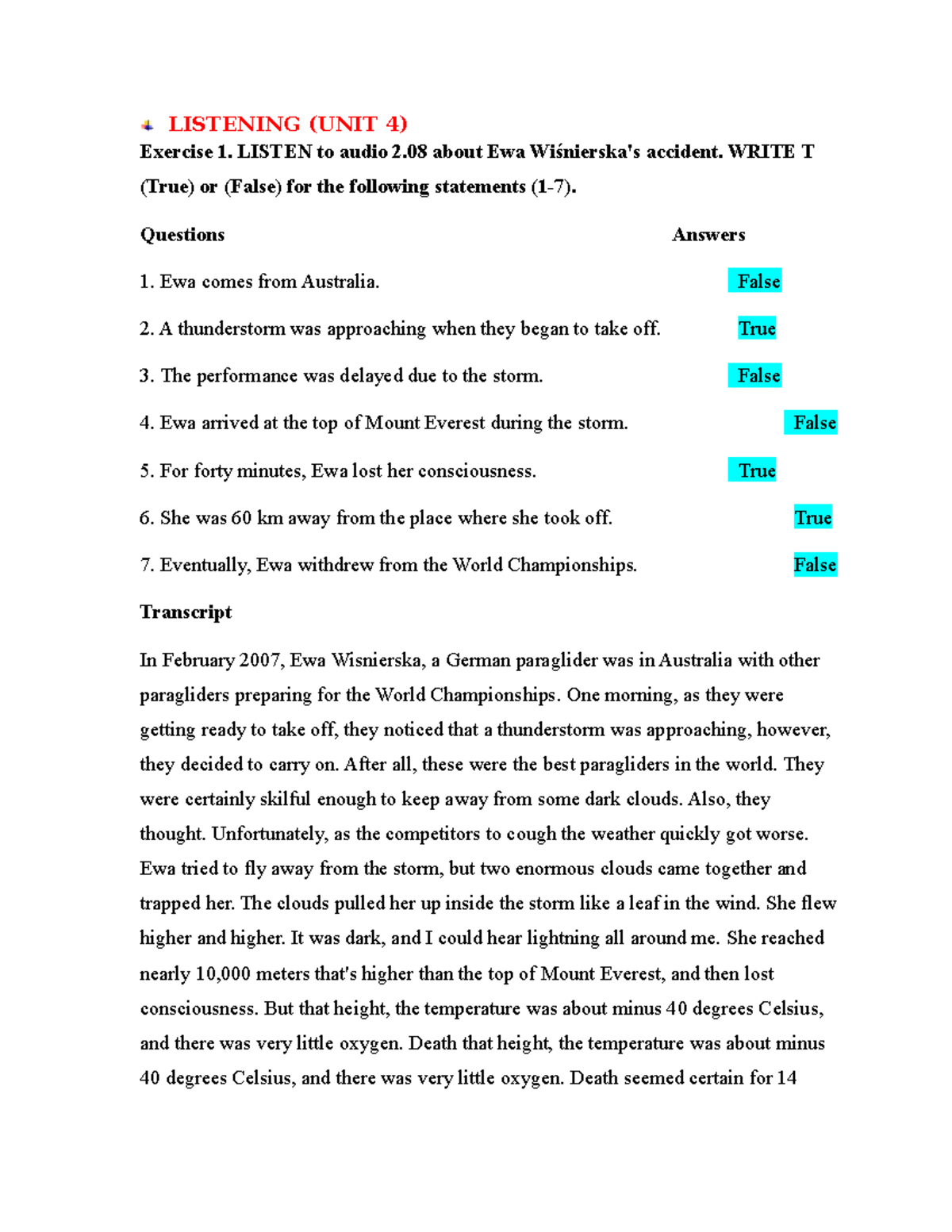 Listening Grade 10 - Exercise Keys and Practice Activities - Studocu
