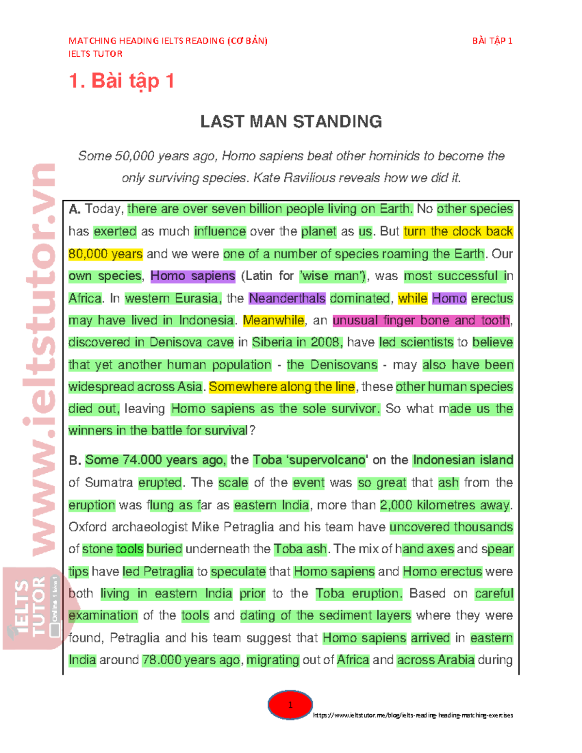 MATCHING HEADING IELTS READING EXERCISES (CƠ BẢN) - Studocu