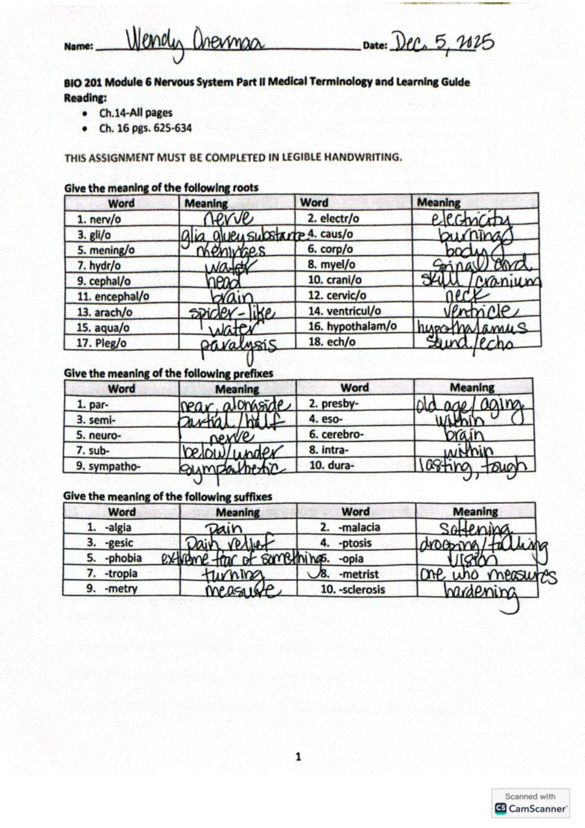 BIO 201 Module 6 Nervous System Medical Terminology Guide - Studocu