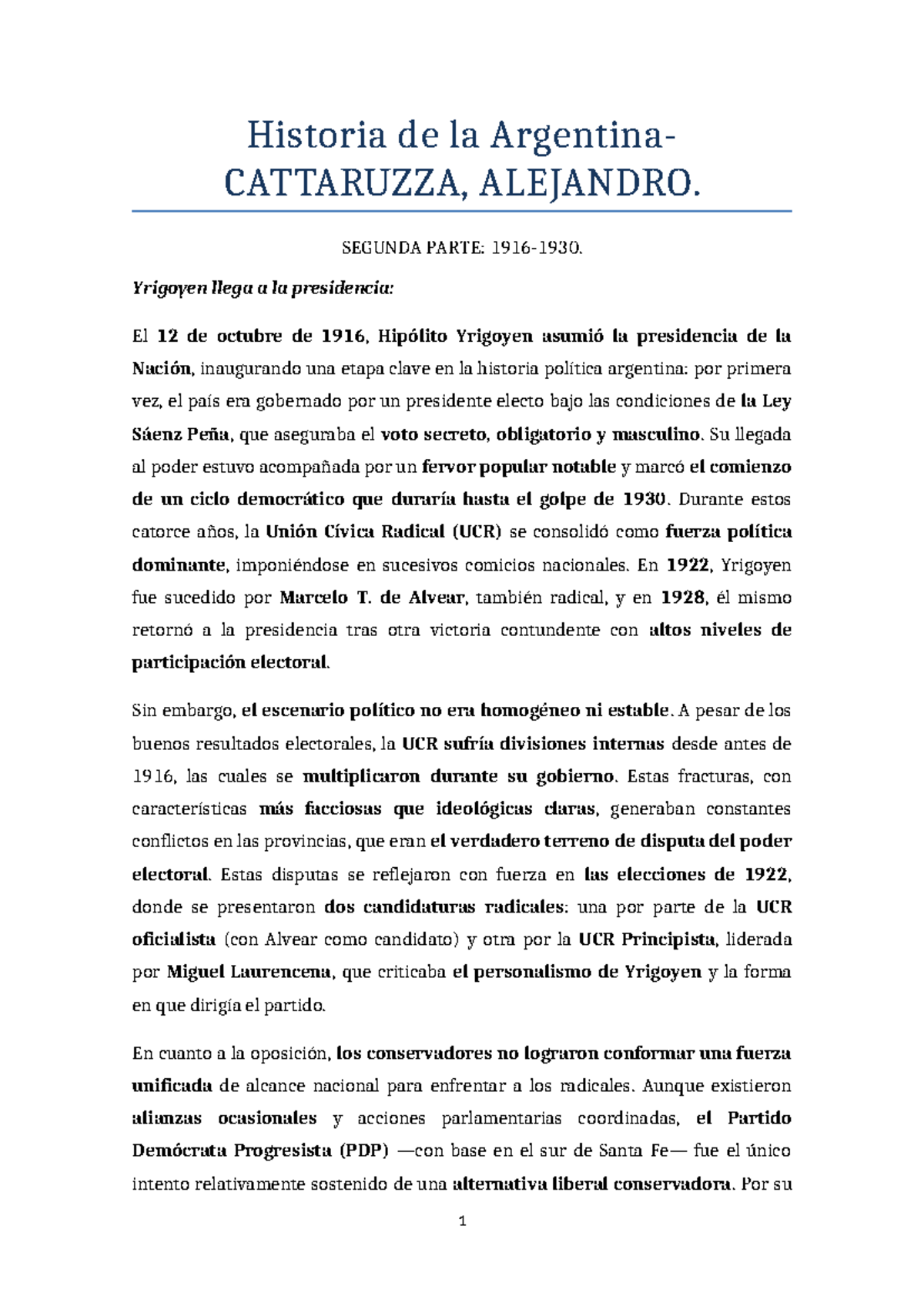 Cattaruzza CAP 2 - Historia Argentina (1916-1930) Resumen y Análisis ...