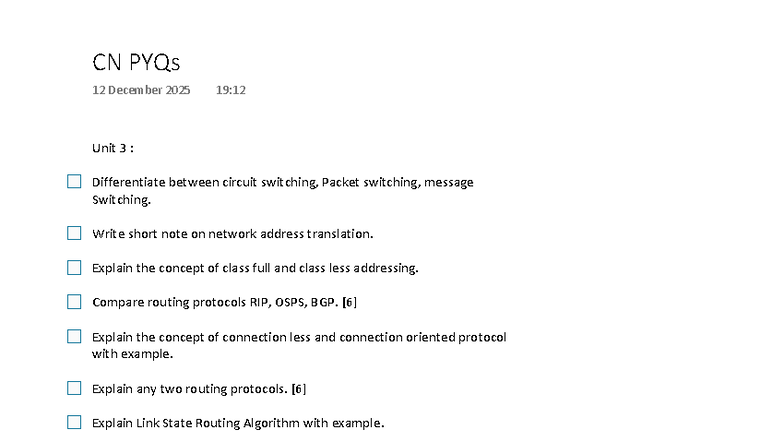 CN PYQs: Network Layer Protocols, Routing, and Switching Techniques ...