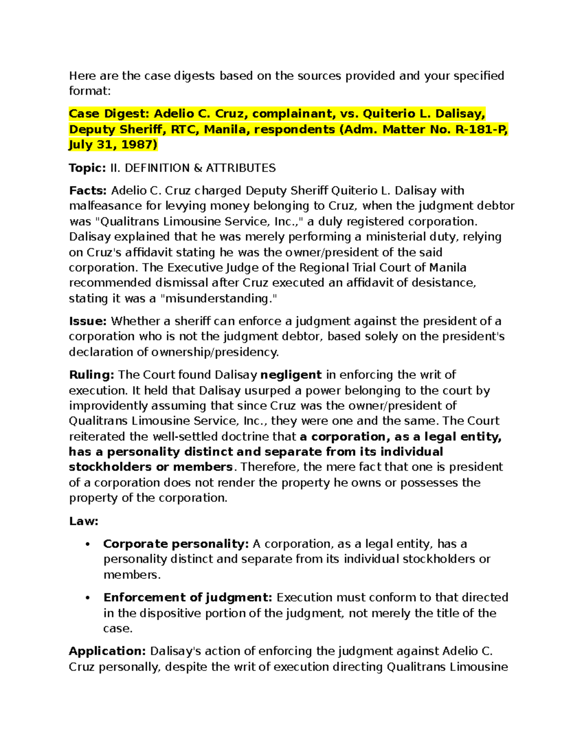 Case Digests on Corporate Law: Key Issues and Rulings (LAW 101) - Studocu