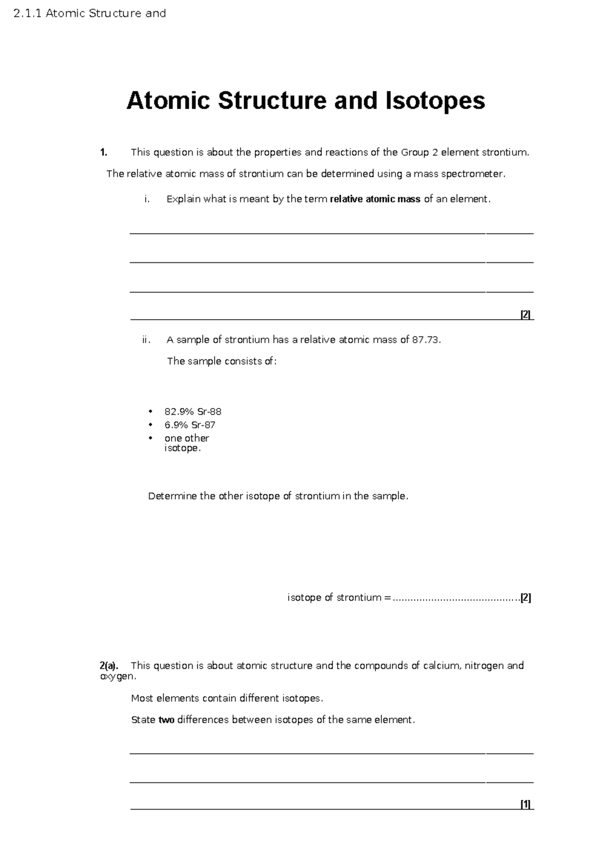 2.1.1 Atomic Structure and Isotopes Question Paper - Studocu