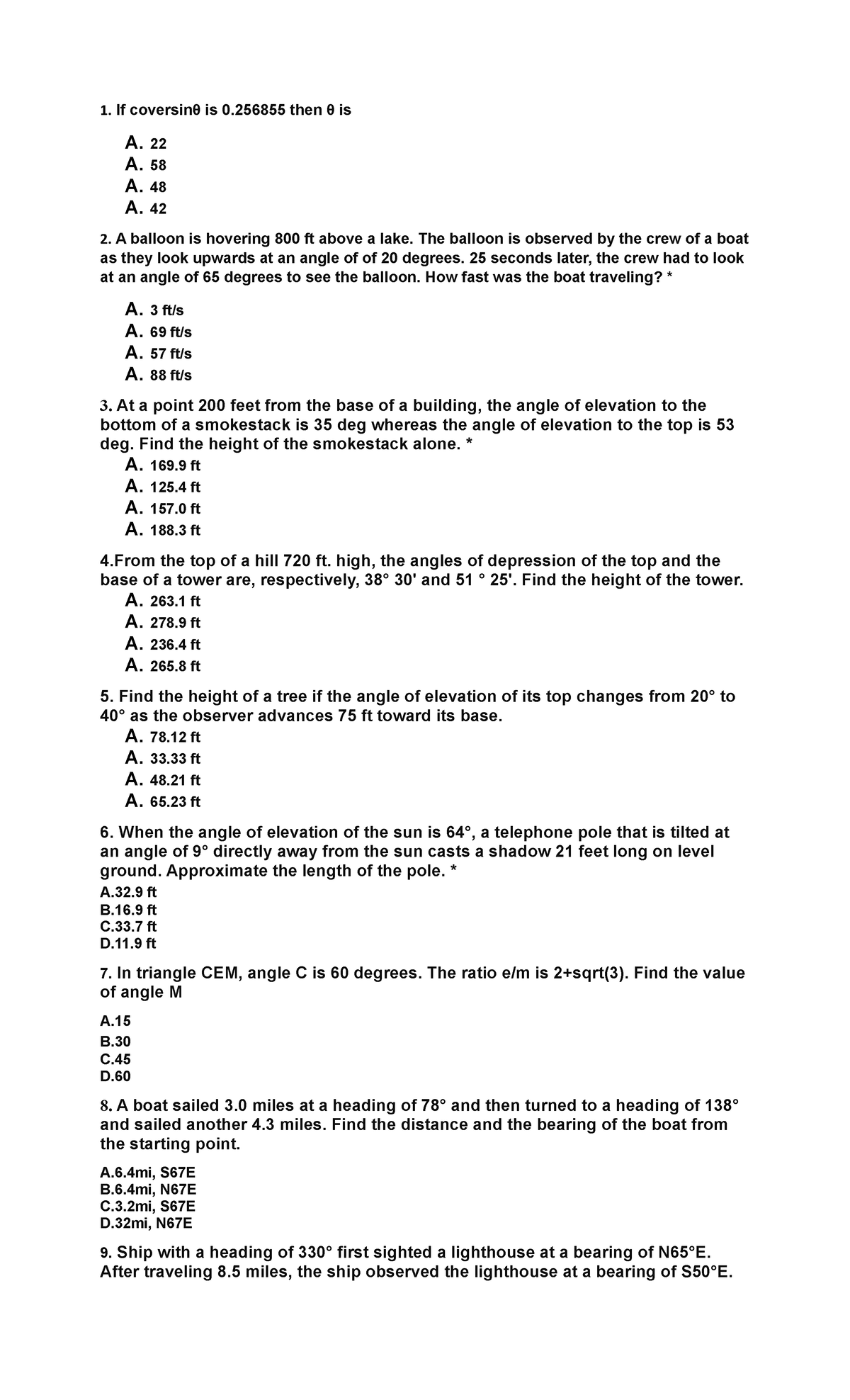 Sample-PROB- Trigonometry Quiz - Trigonometric Applications - Studocu
