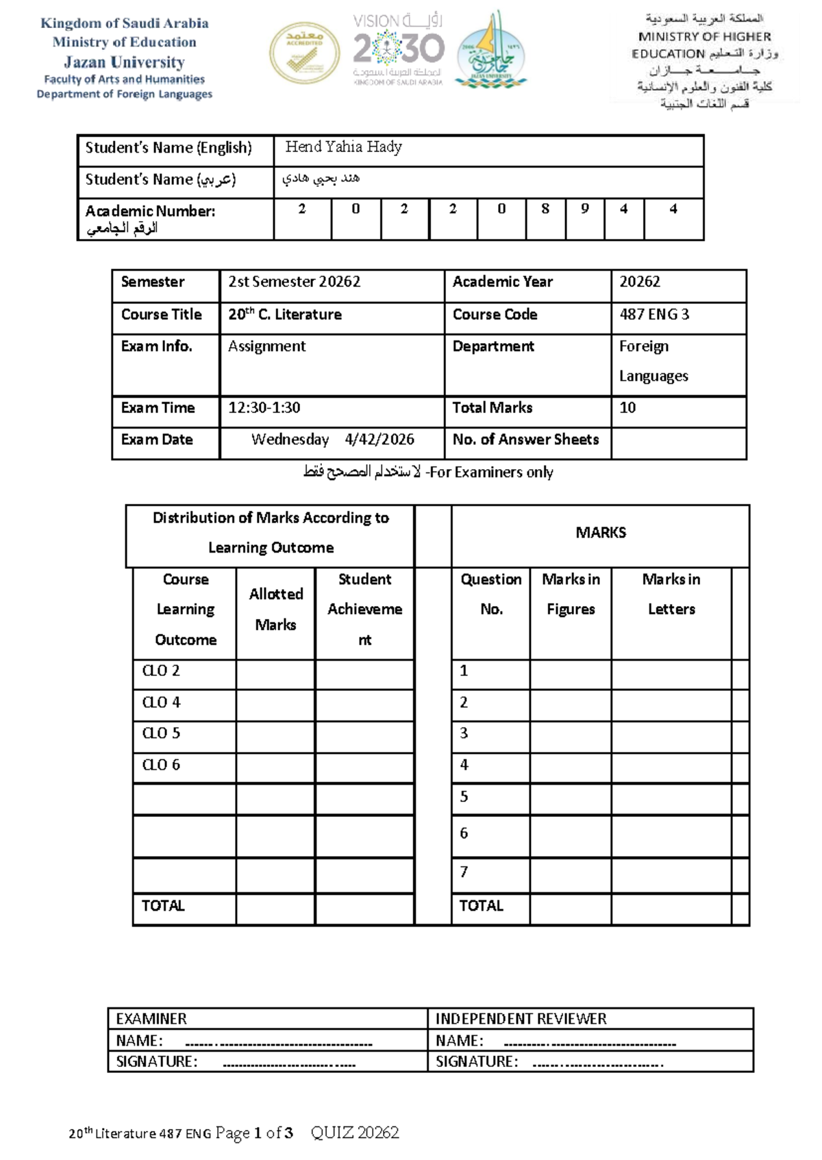 20th C. Literature 487 ENG Quiz Answers - Hend - Studocu