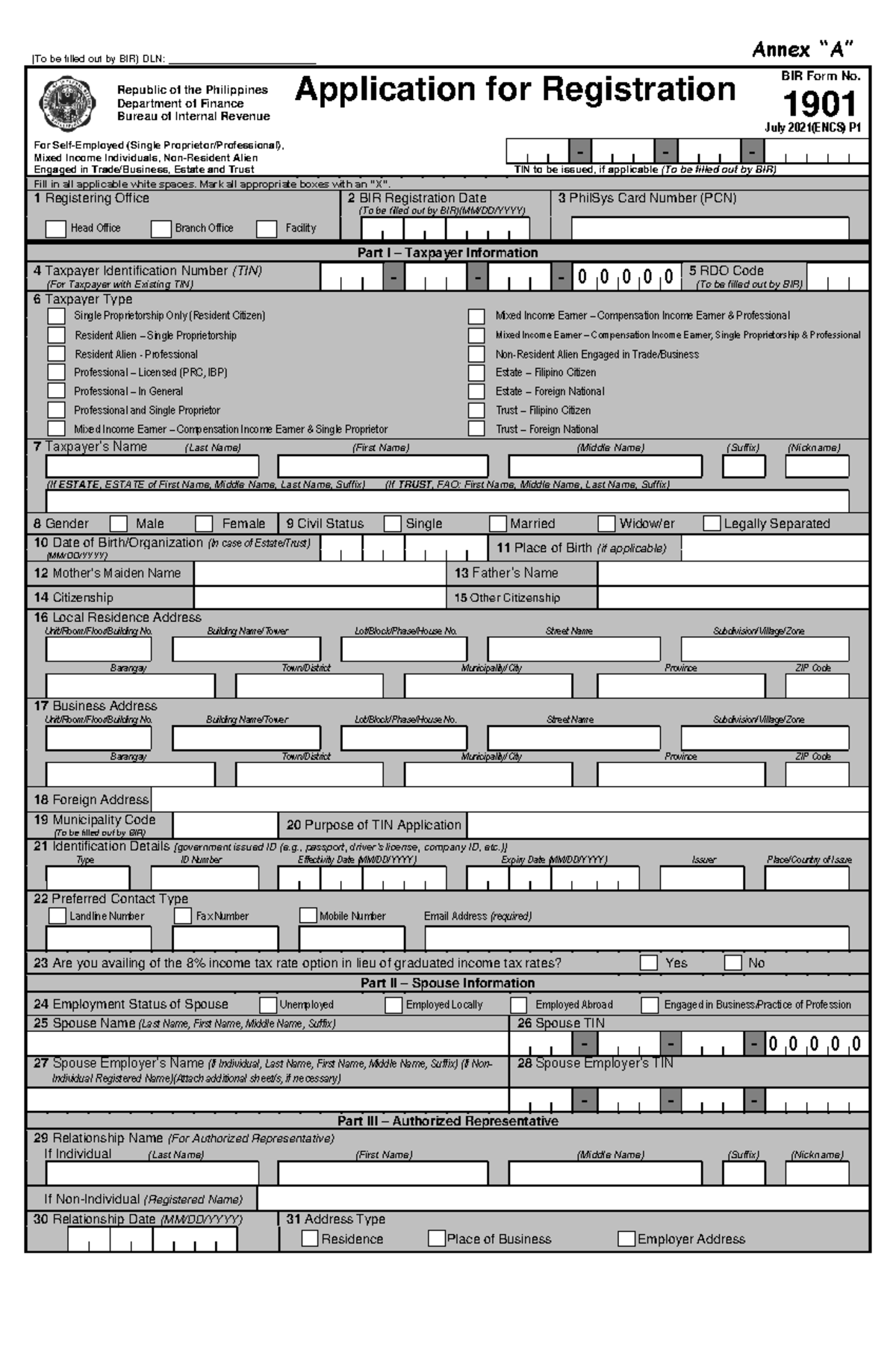 BIR Form 1901: Application for TIN Registration (Filling Guide) - Studocu