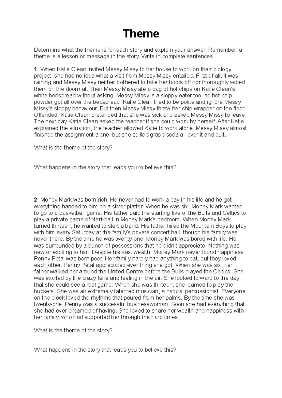 3b Theme Worksheets - Theme Determine what the theme is for each story ...