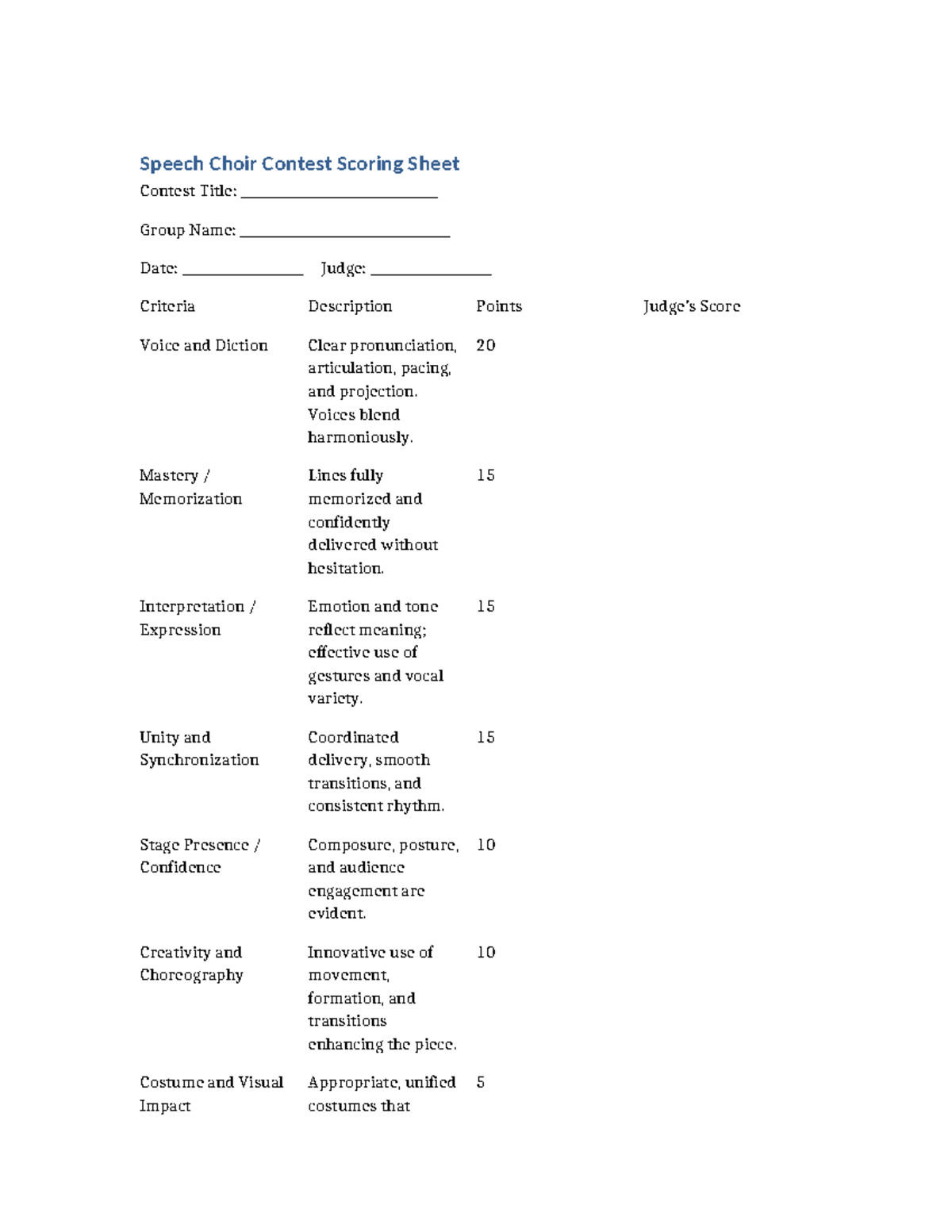 Speech Choir Contest Scoring Sheet: Evaluation Criteria & Points - Studocu