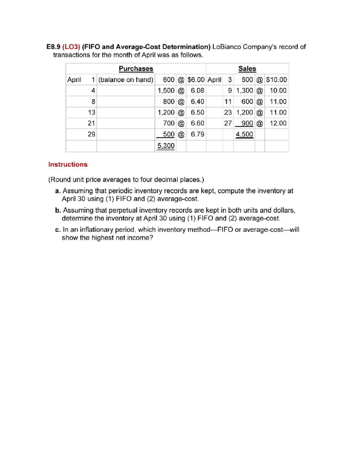 E8.9 (LO3) Inventory Cost Flow Exercise: FIFO Analysis for April - Studocu