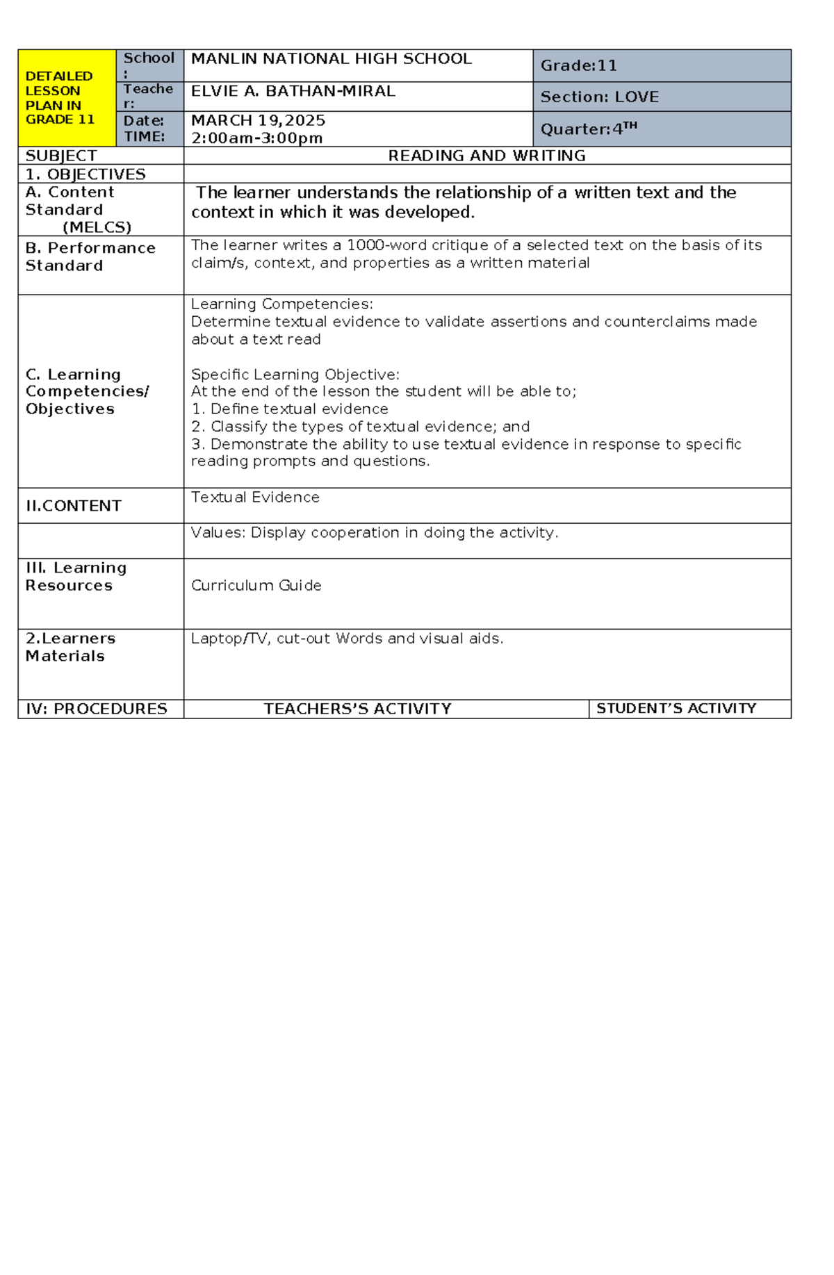 Detailed lesson plan for grade 11: reading and writing skills - Studocu