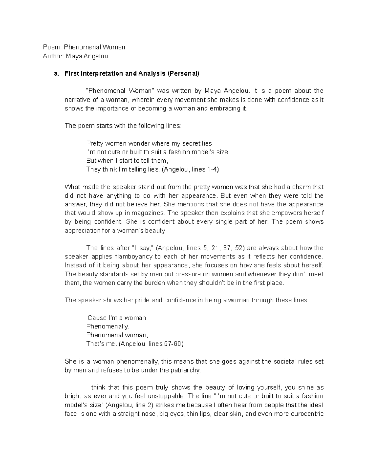 620395925 Analysis of Phenomenal Women - Poem: Phenomenal Women Author ...